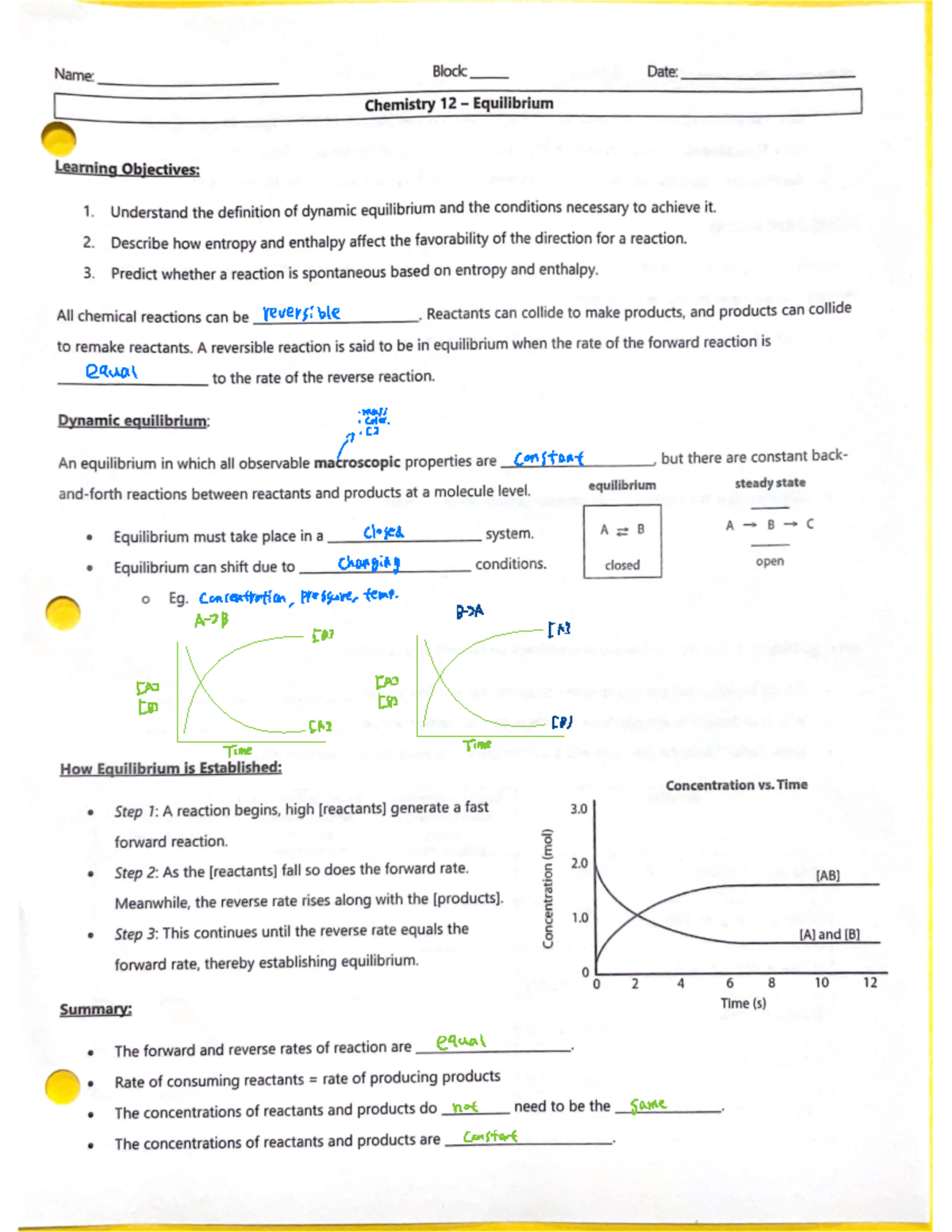2 - micro - Name: Block: Date: Chemistry 12 - Equilibrium Learning ...