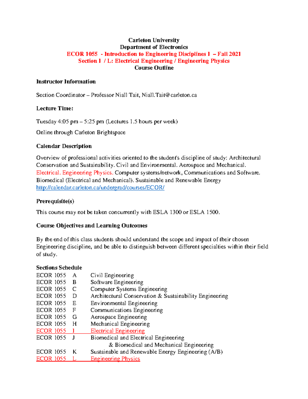 ECOR 1055 F21 - Intro to Engineering Disciplines I Course Outline - Studocu