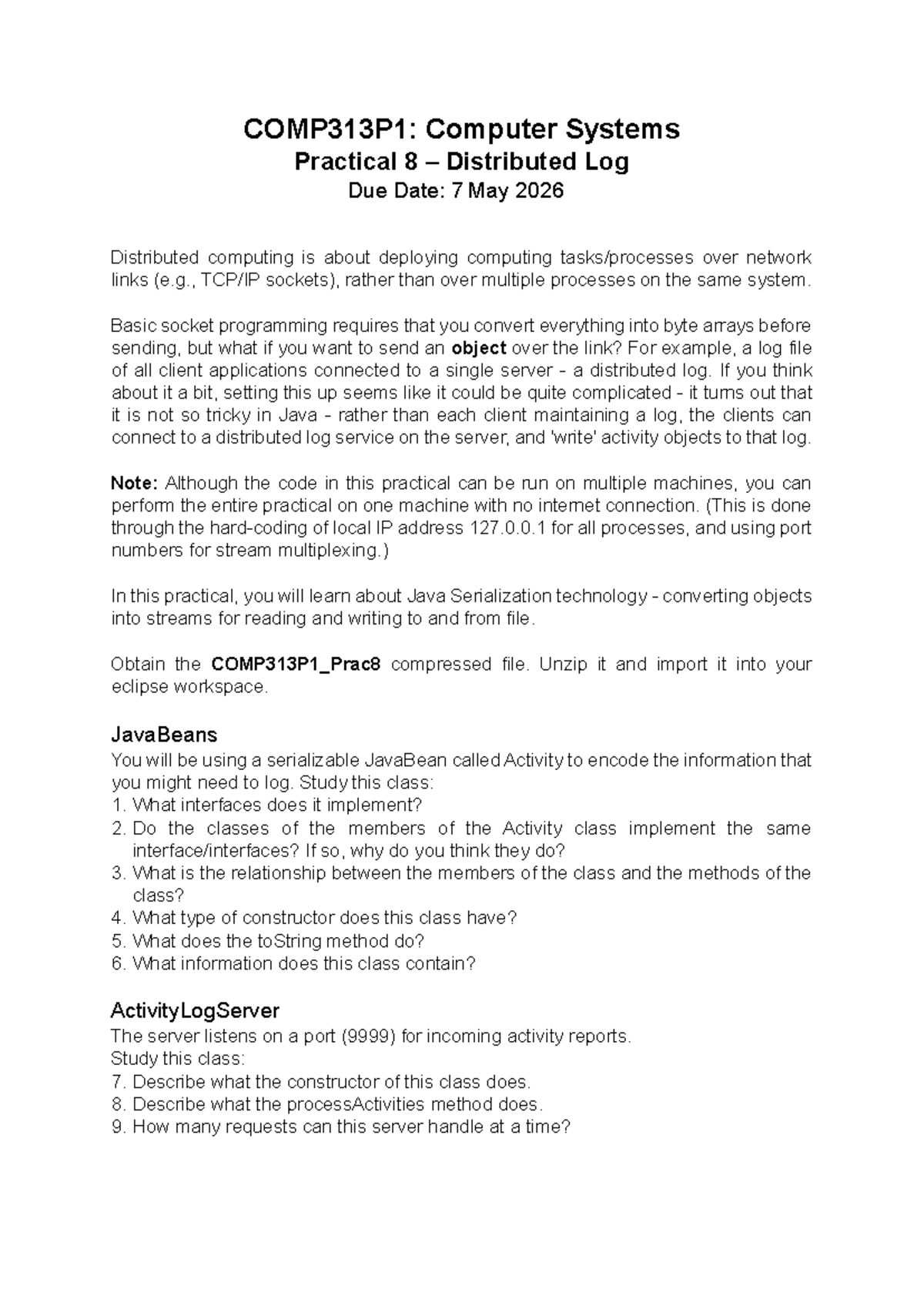 COMP313P1: Practical 8 - Distributed Log and Java Serialization - Studocu