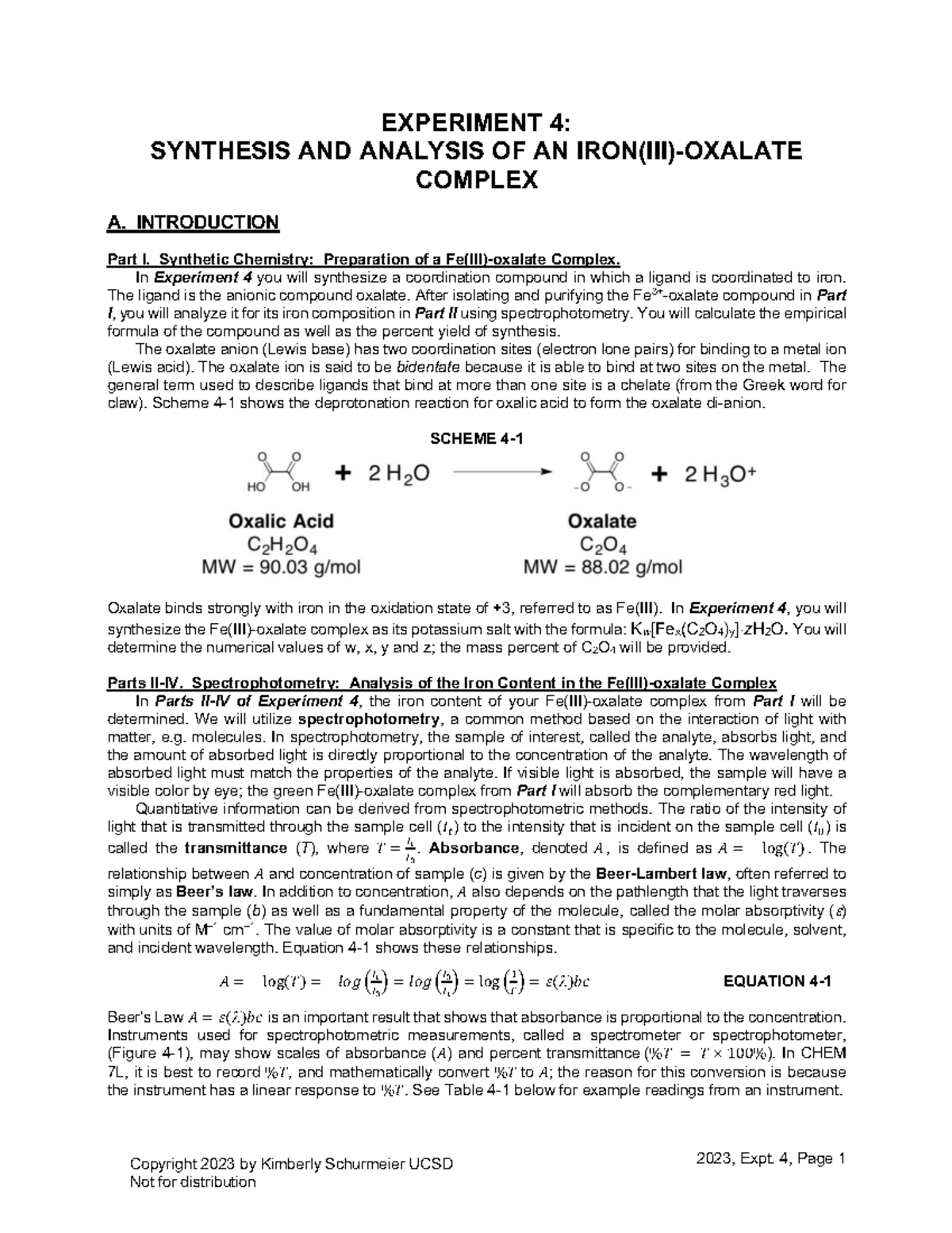 CHEM 7L Lab Manual: Exp. 4 - Synthesis & Analysis of Fe(III)-Oxalate ...