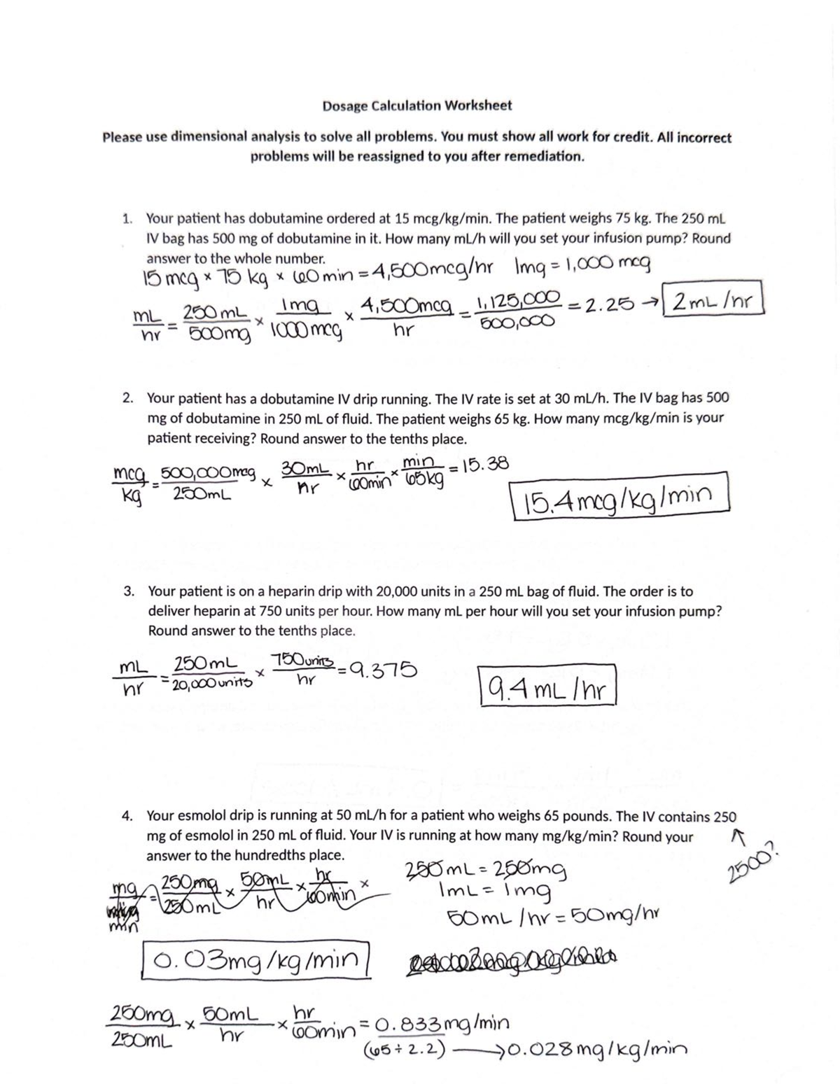Dosage Calculation Worksheet - You must show all work for credit. All ...