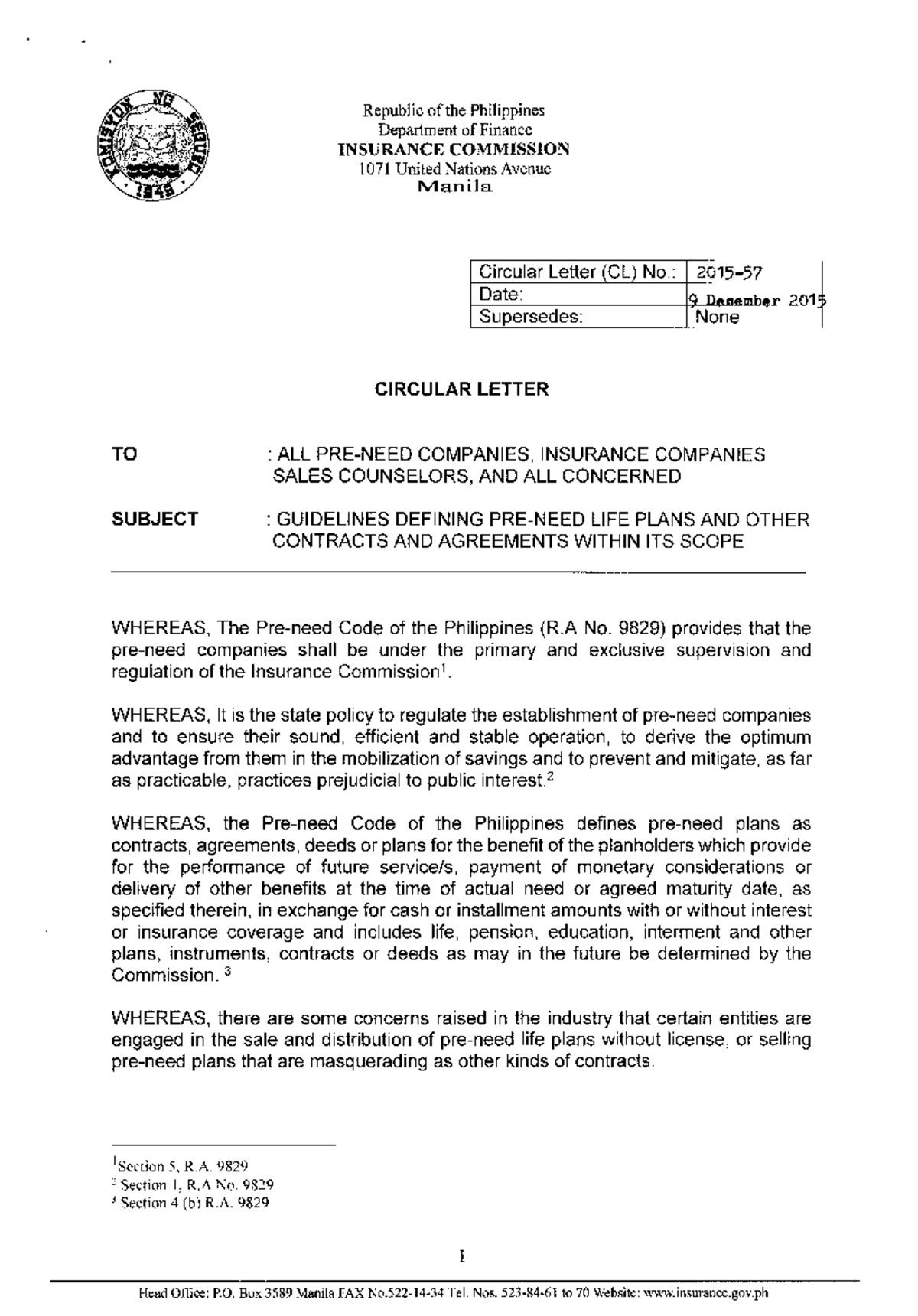 CL2015 57- Guidelines Defining PRE-NEED LIFE Plans AND Other - ####### TO ####### SUBJECT ...