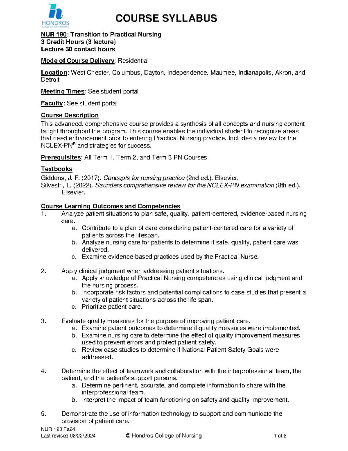 NUR 190 Syllabus Fall 2024: Transition to Practical Nursing Course ...