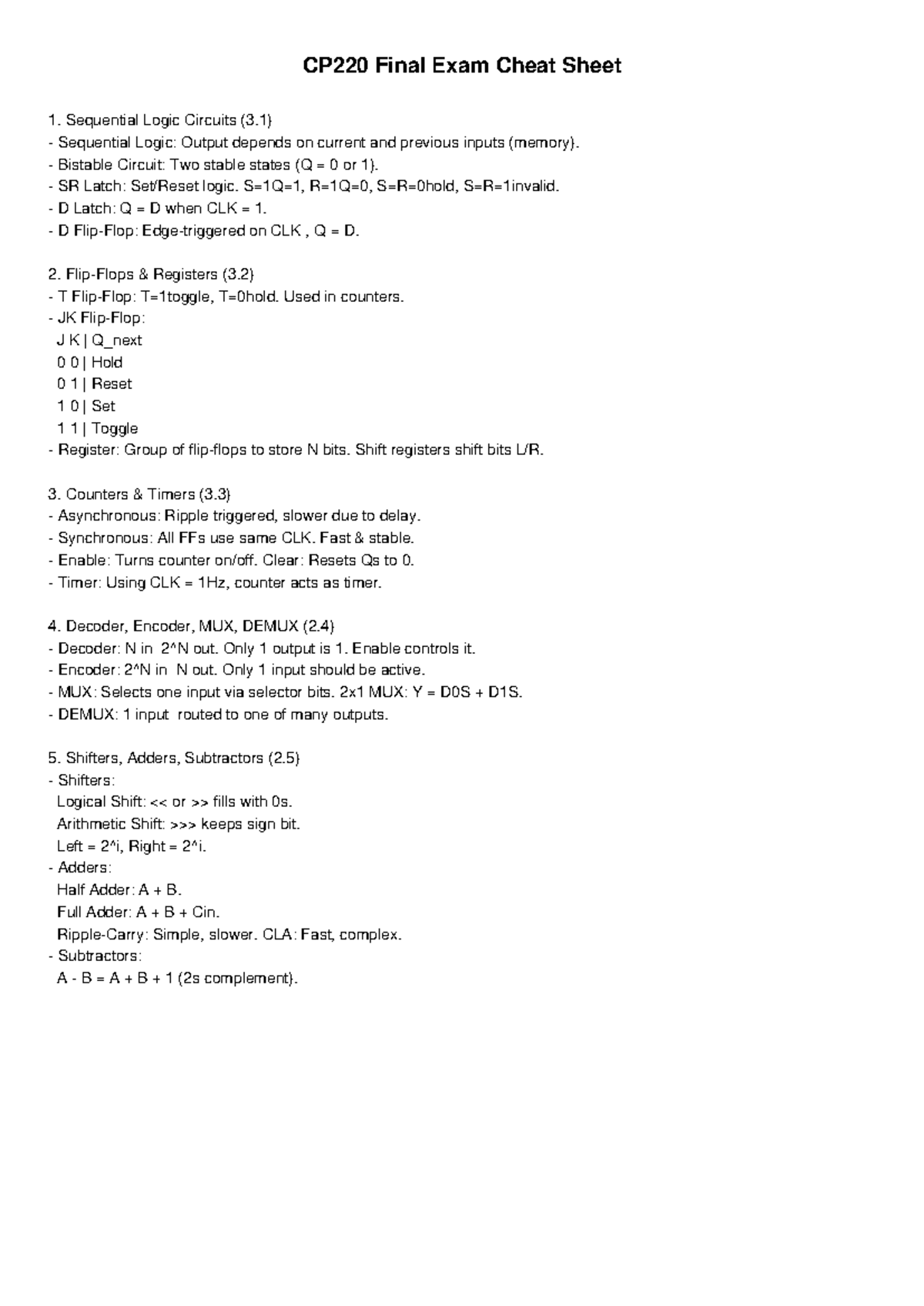 CP220 Final Exam Cheat Sheet: Sequential Logic & Circuits - Studocu