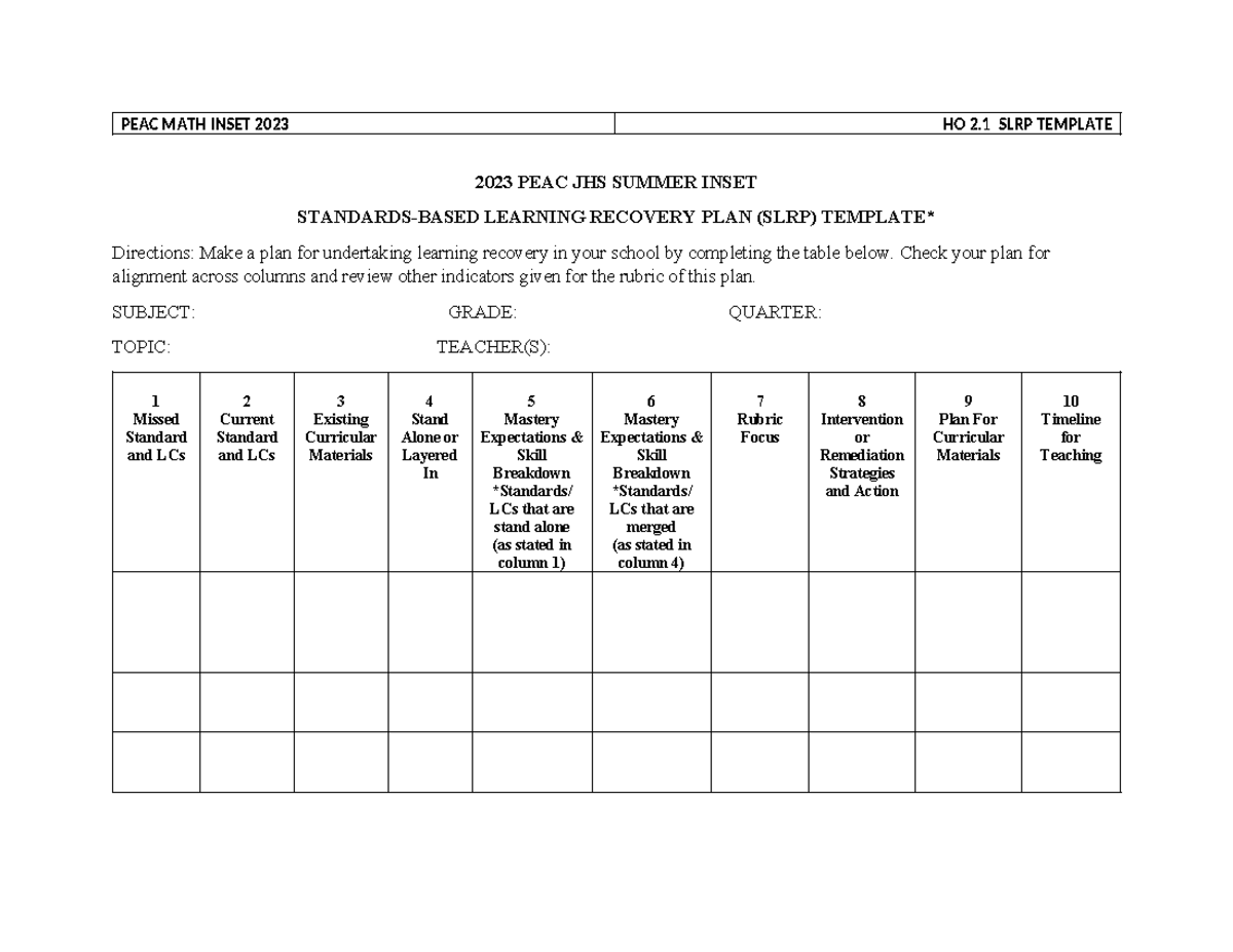 MATH 2.1 Standards-Based Learning Recovery Plan (SLRP) Template - Studocu