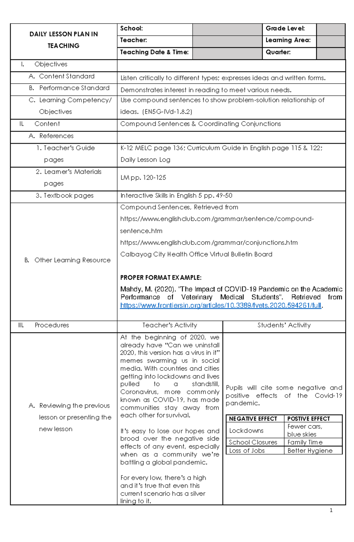 DAILY LESSON PLAN I: TEACHING COMPOUND SENTENCES AND CONJUNCTIONS - Studocu
