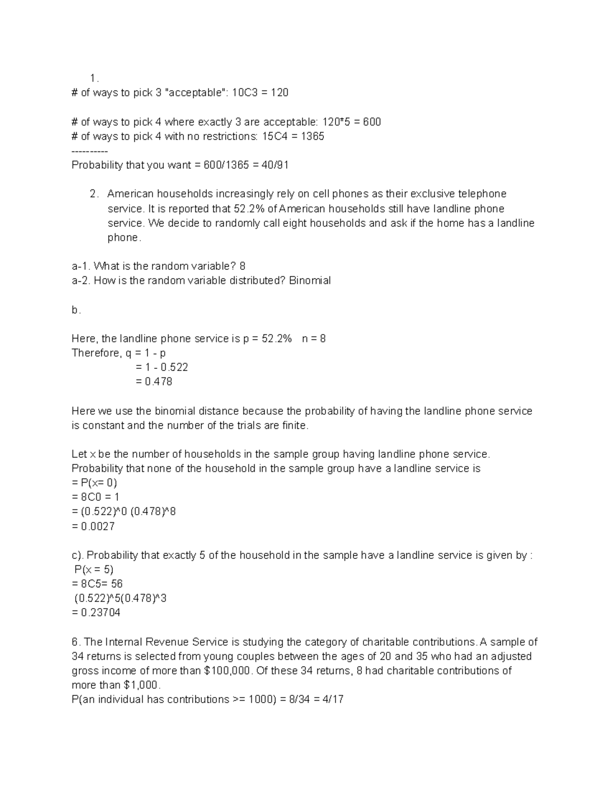 BUSI 2305 Chapter 6-7: Binomial Distributions and Probability Analysis ...