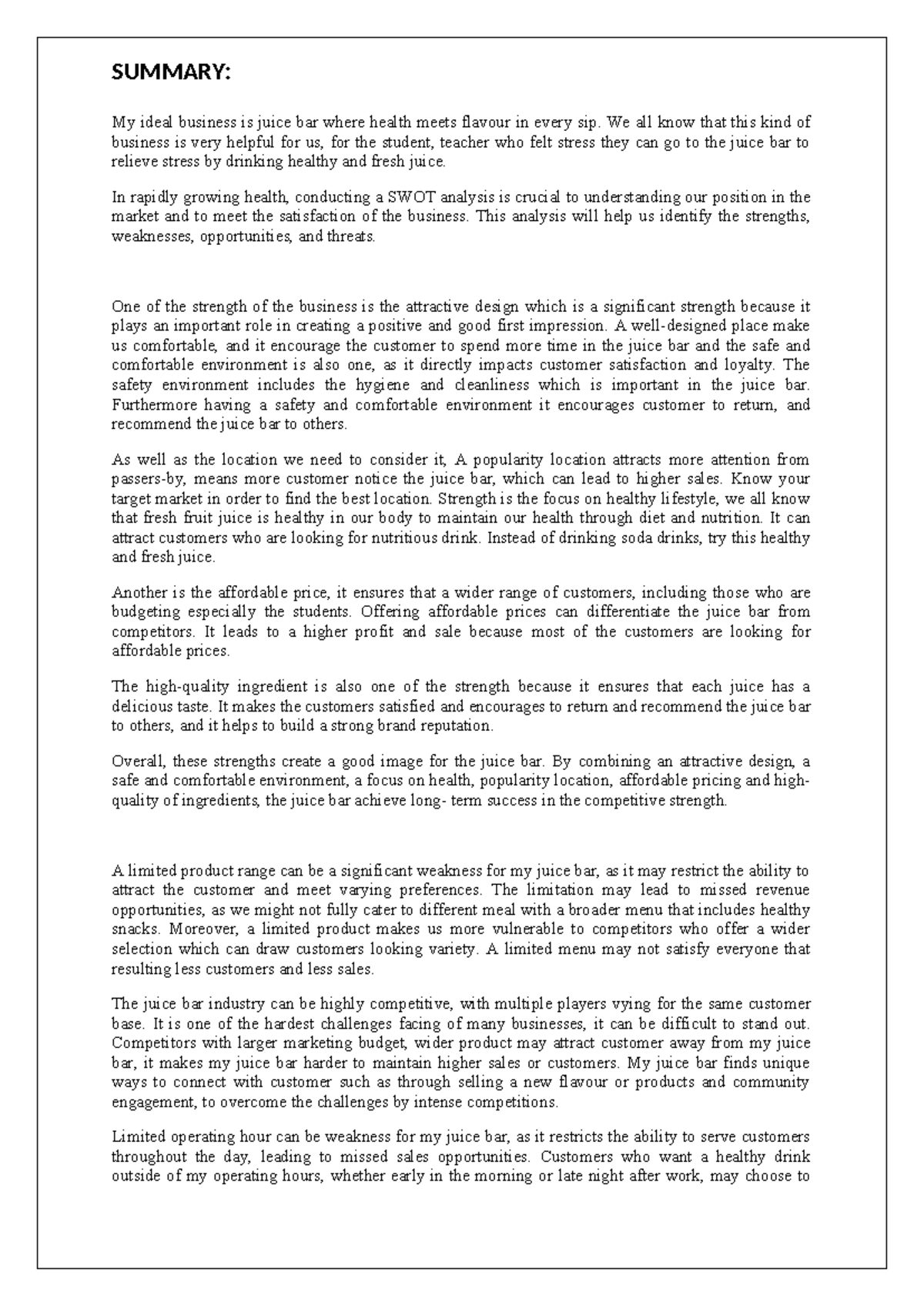Marvin's SWOT Analysis Summary for Juice Bar Business (BUS 101) - Studocu