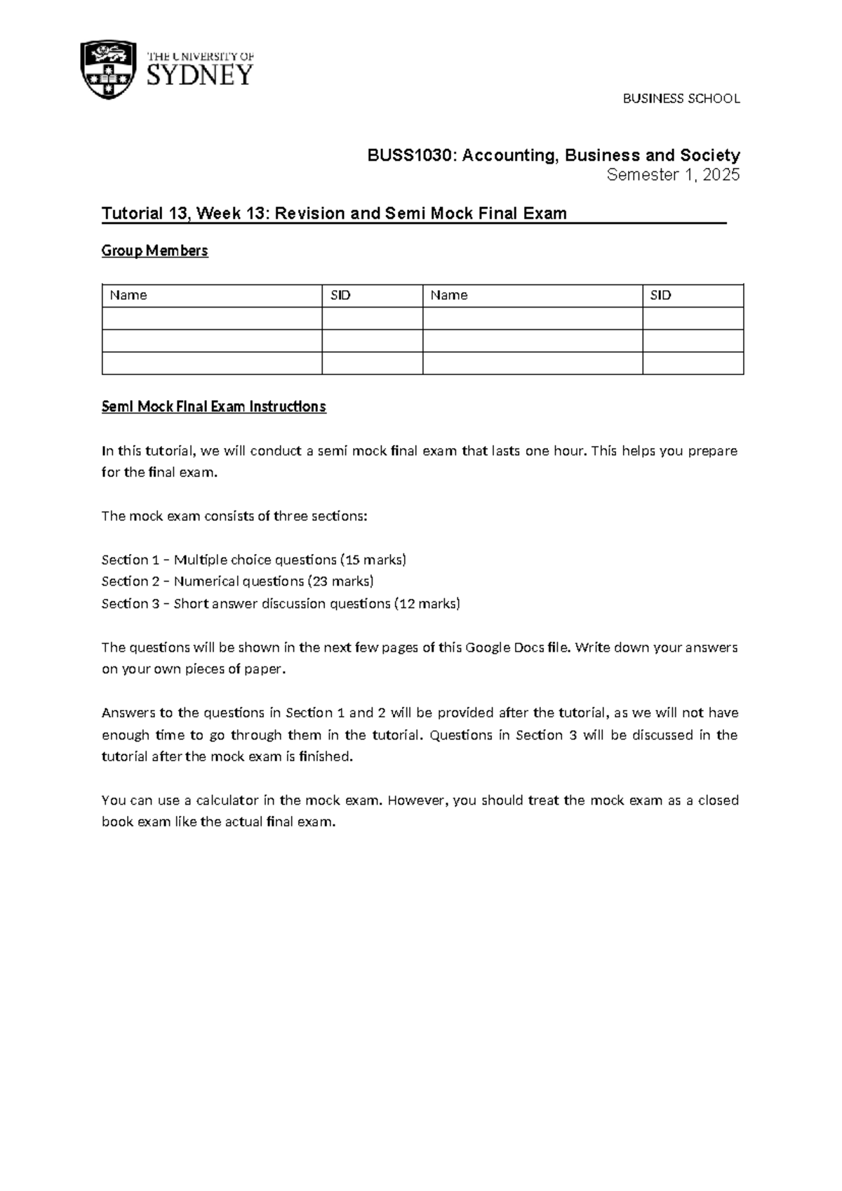 BUSS1030: Tutorial 13 - Semi Mock Final Exam Revision (S1 2025) - Studocu