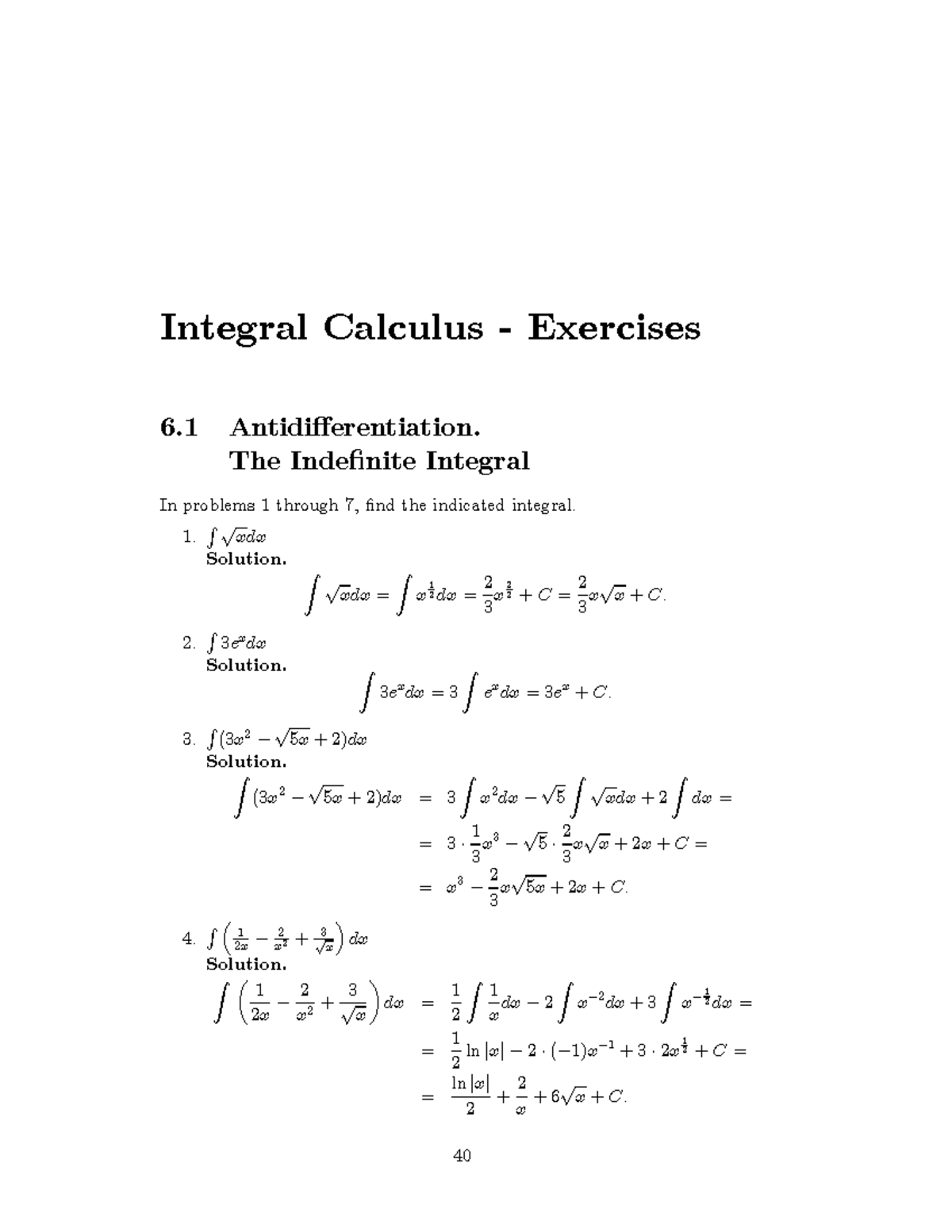 Integral Calculus Exercises 6.1: Antidifferentiation Problems - Studocu