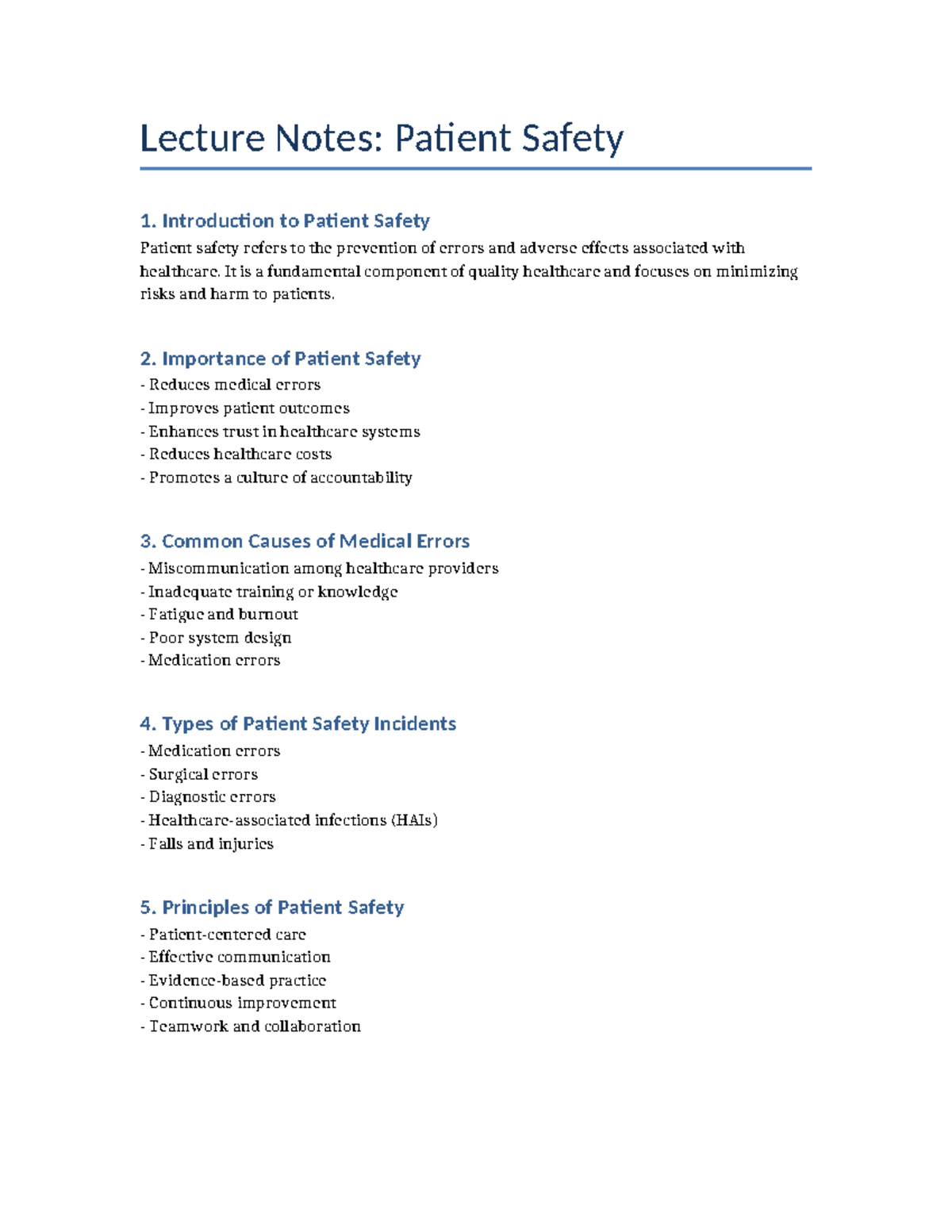 Patient Safety Lecture Notes: Key Concepts and Principles - Studocu