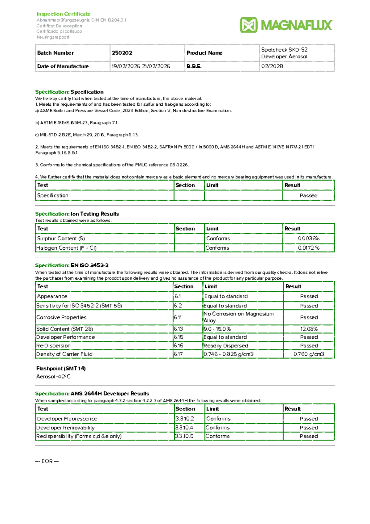 Inspection Certificate for Spotcheck Developer Aerosol - Batch 250202 ...