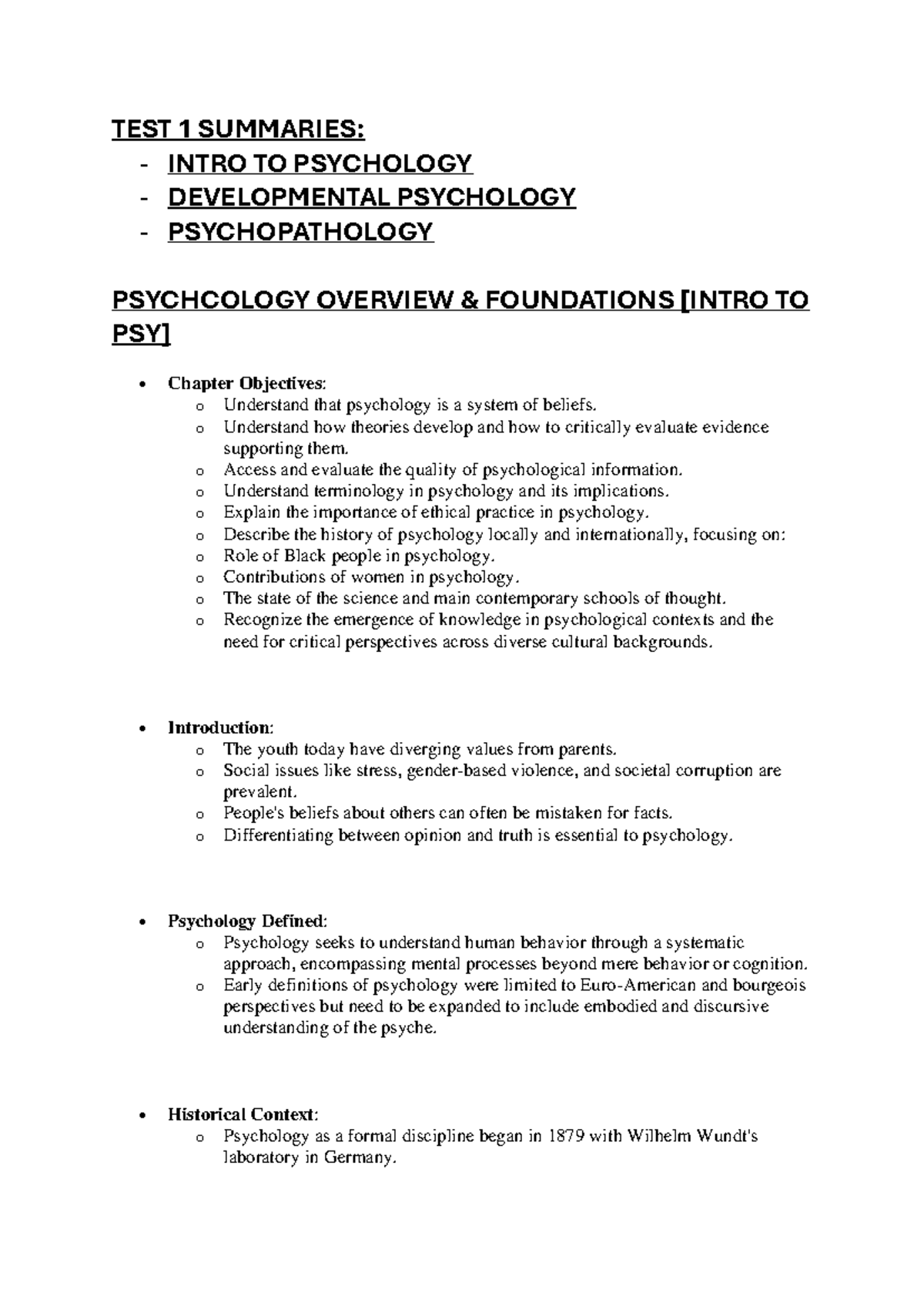 TEST 1 Summaries: Intro to Psychology (PSY 101) - Developmental & - Studocu