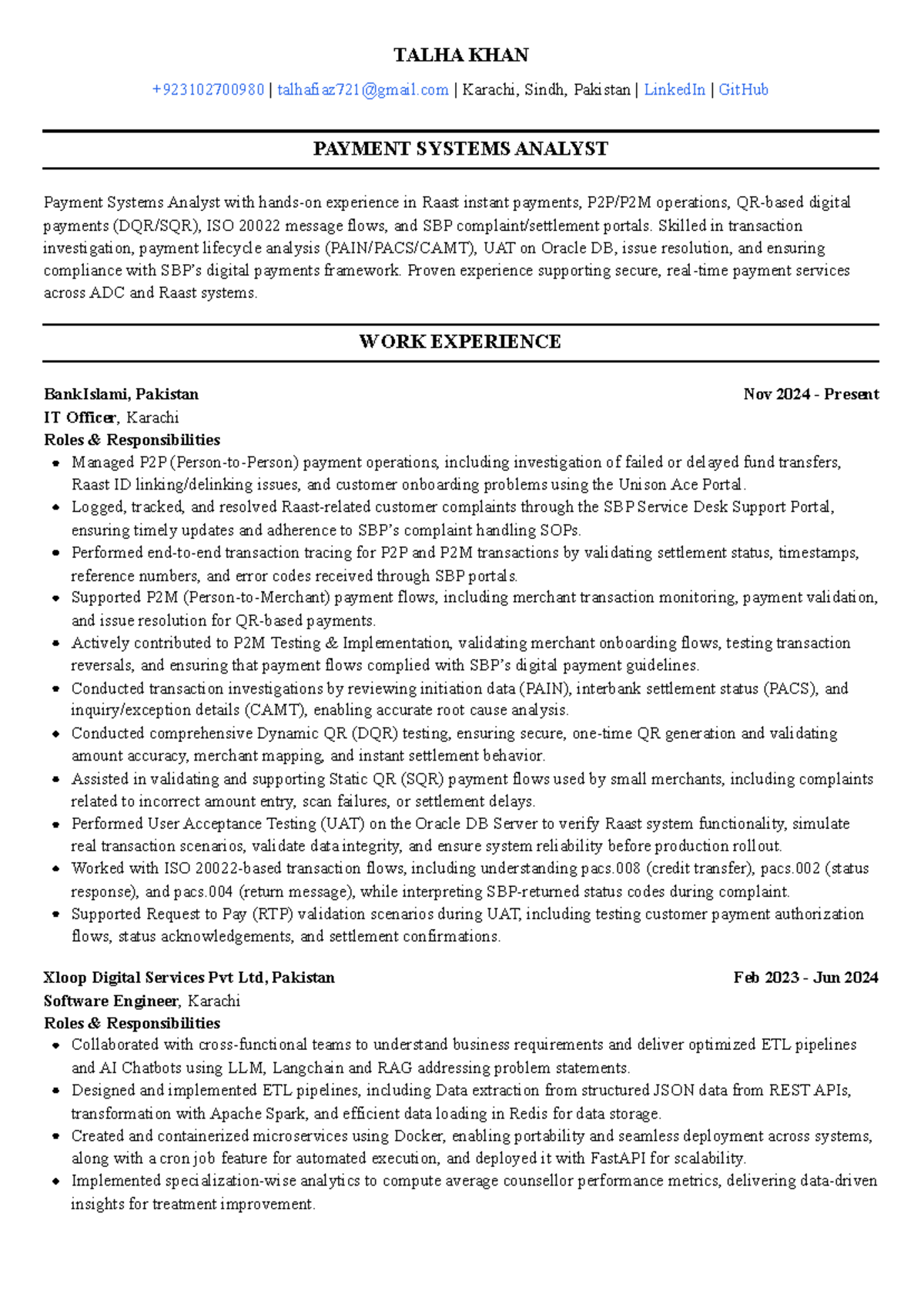 Resume of Talha Khan - Payment Systems Analyst (PSA) - Studocu