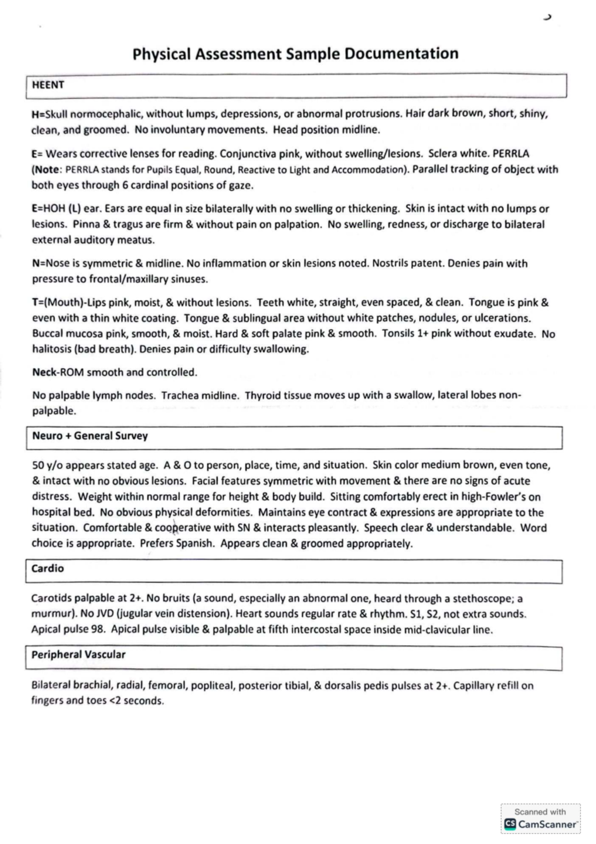 Physical Assessment Documentation Sample for ADN Level I - Studocu