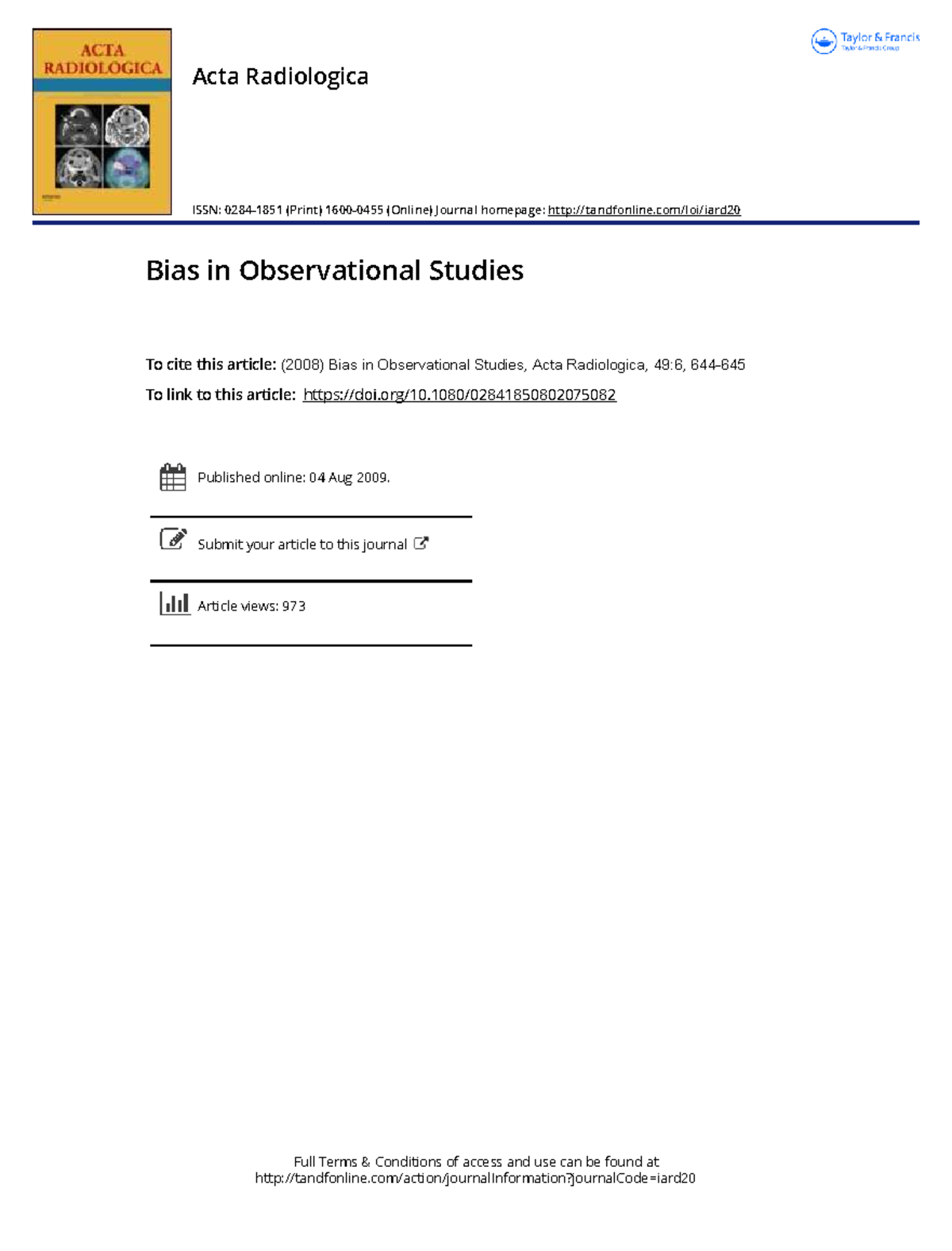 Bias in Observational Studies: A Methodological Note (Acta Radiologica ...
