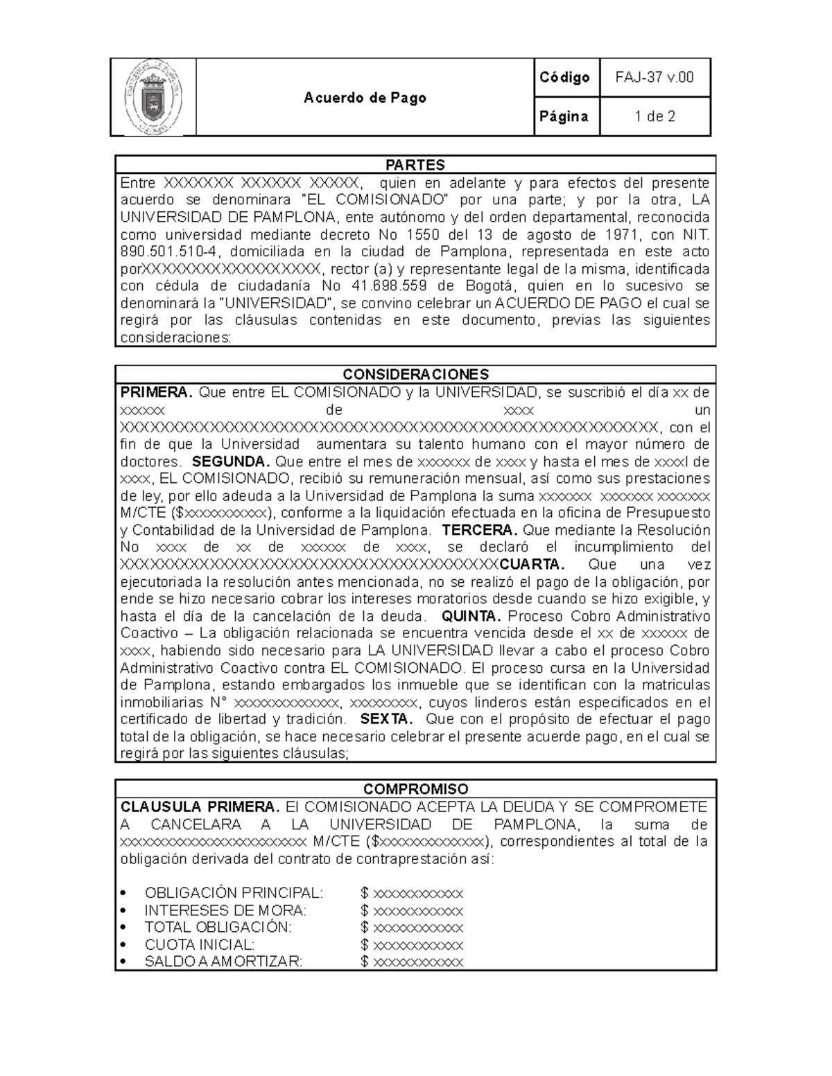 Acuerdopago - bla bka bla bl abla bla - Acuerdo de Pago Código FAJ-37 v ...