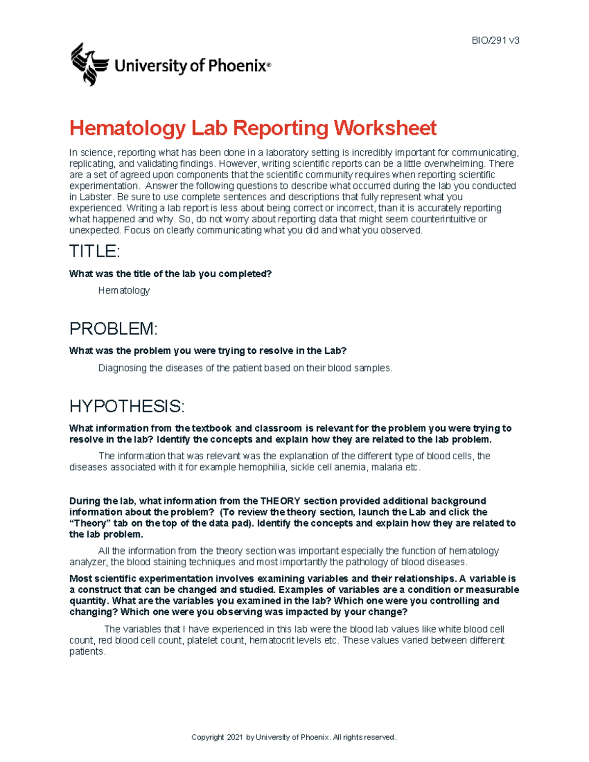 Bio291 v3 Hematology Lab Report: Analyzing Blood Samples and Diseases ...