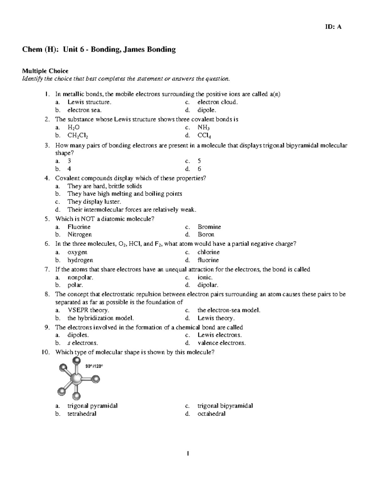 Exam View - 6 Unit 6 - Bonding 2016-17 TEST A - Chem (H): Unit 6 ...