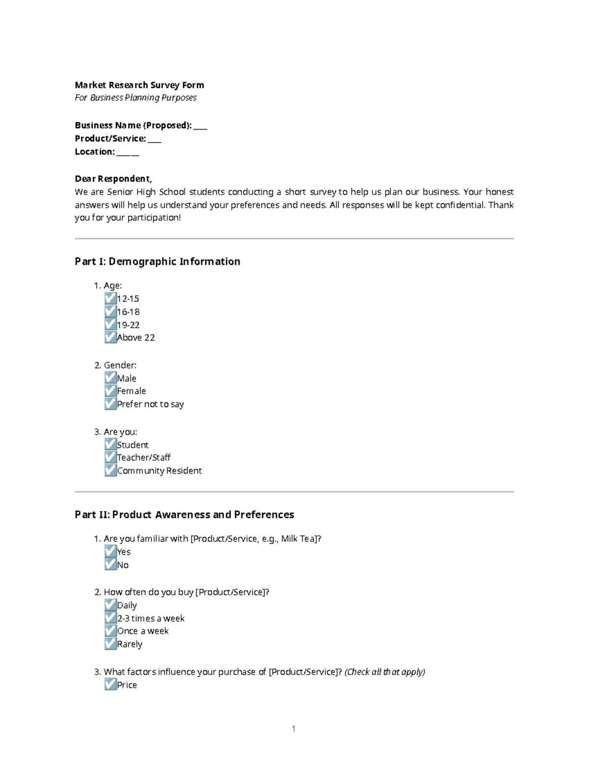 SHS Market Research Survey Form for Business Planning - Studocu