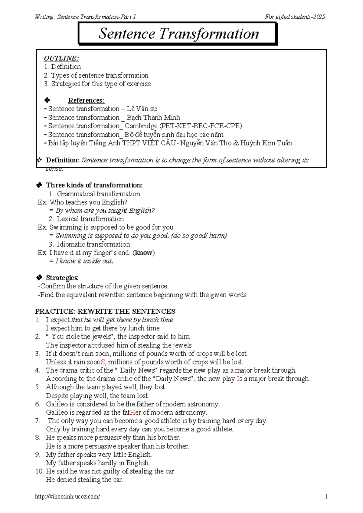 Writing: Sentence Transformation Techniques for Gifted Students - Studocu