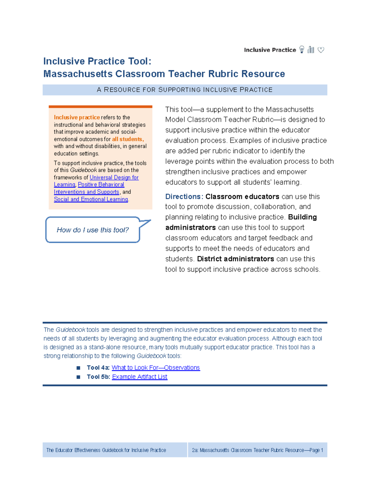 Massachusetts Classroom Teacher Rubric: Inclusive Practice Tool Guide ...