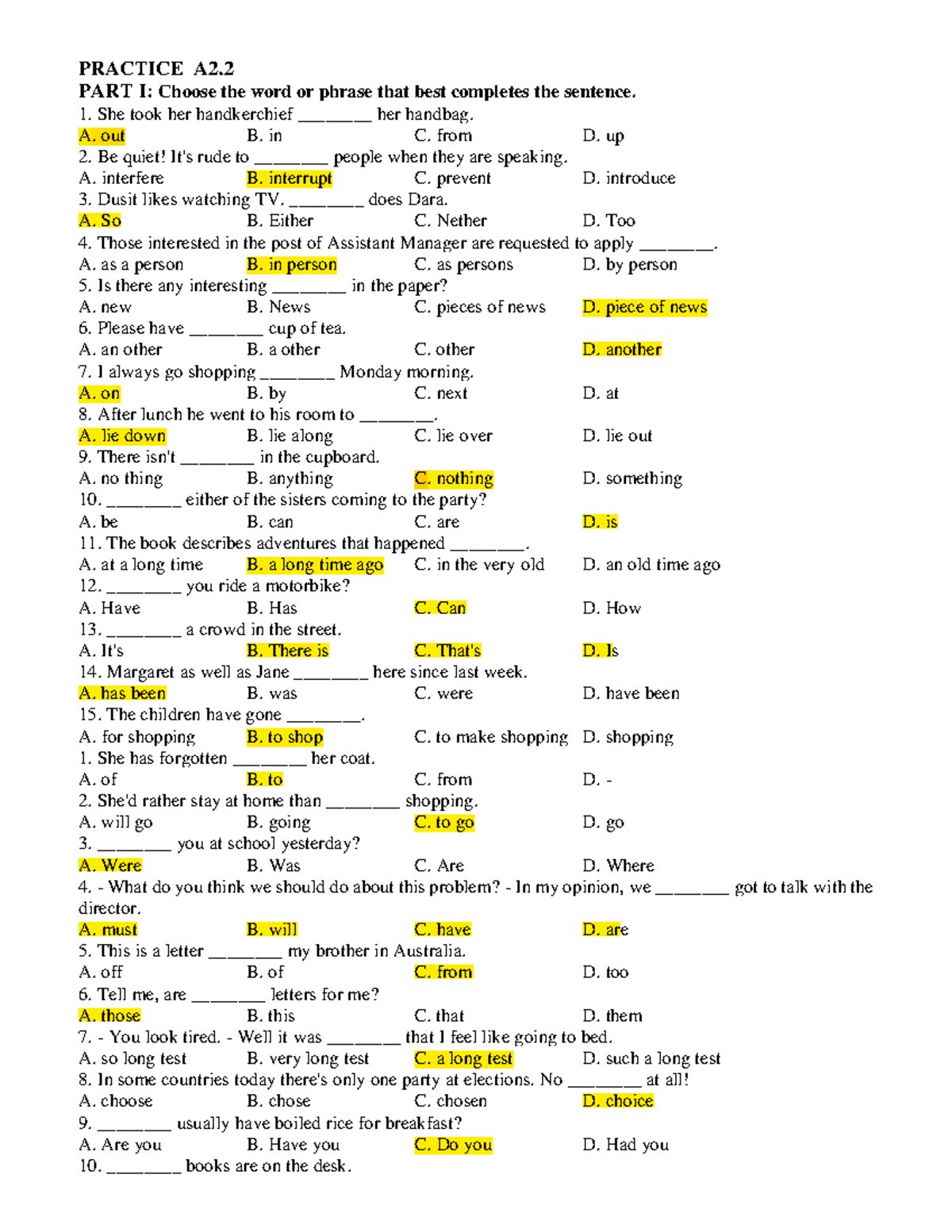 A2 Practice Test: Sentence Completion and Reading Comprehension - Studocu