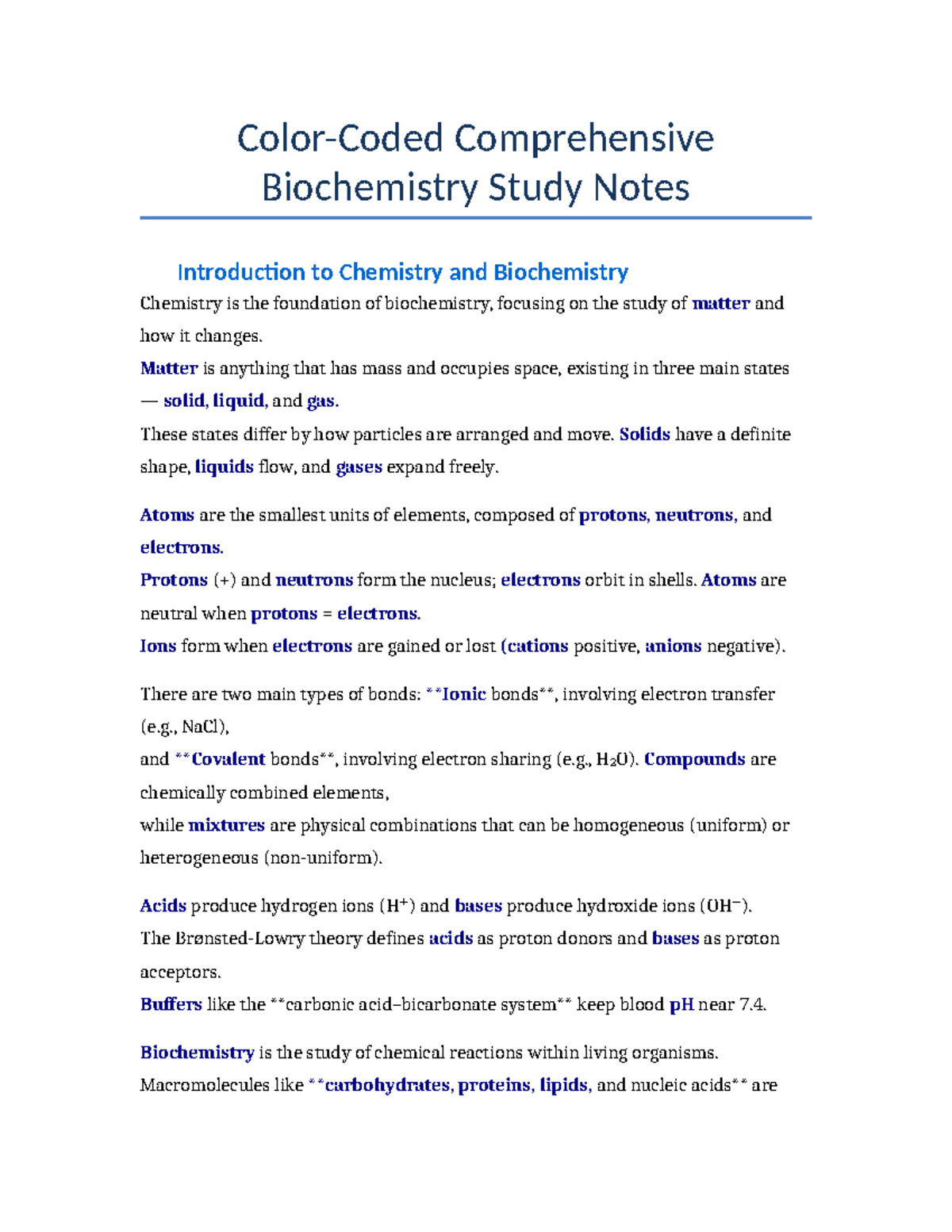Comprehensive Biochemistry Study Notes (CHEM 101) - Studocu