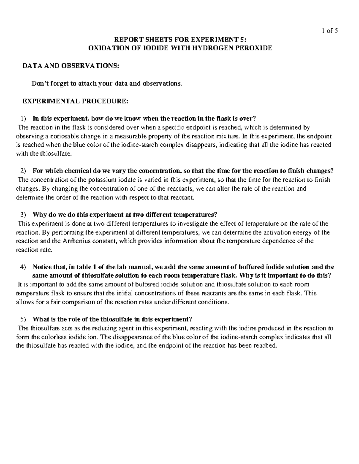 Lab Report - Experiment #5: Oxidation of Iodide with H2O2 Analysis - Studocu