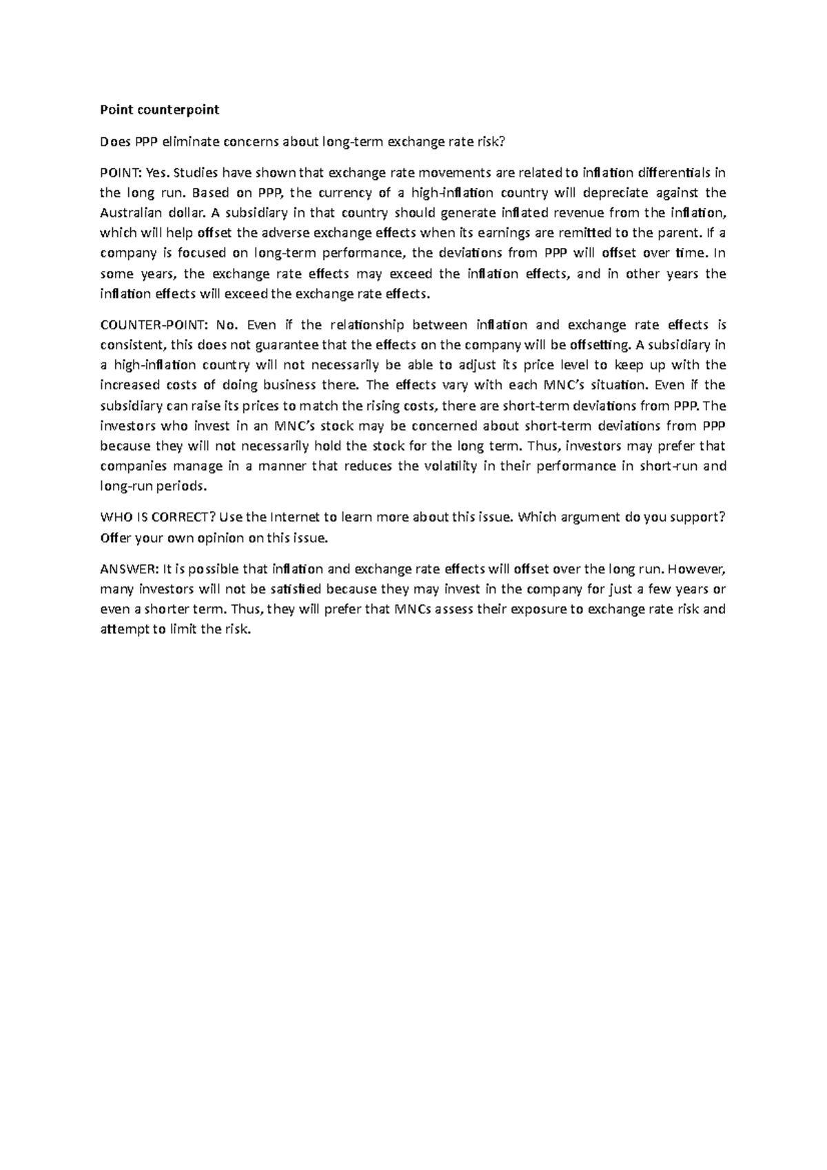 PPP Analysis: Exchange Rate Risk - Point vs Counterpoint - Studocu