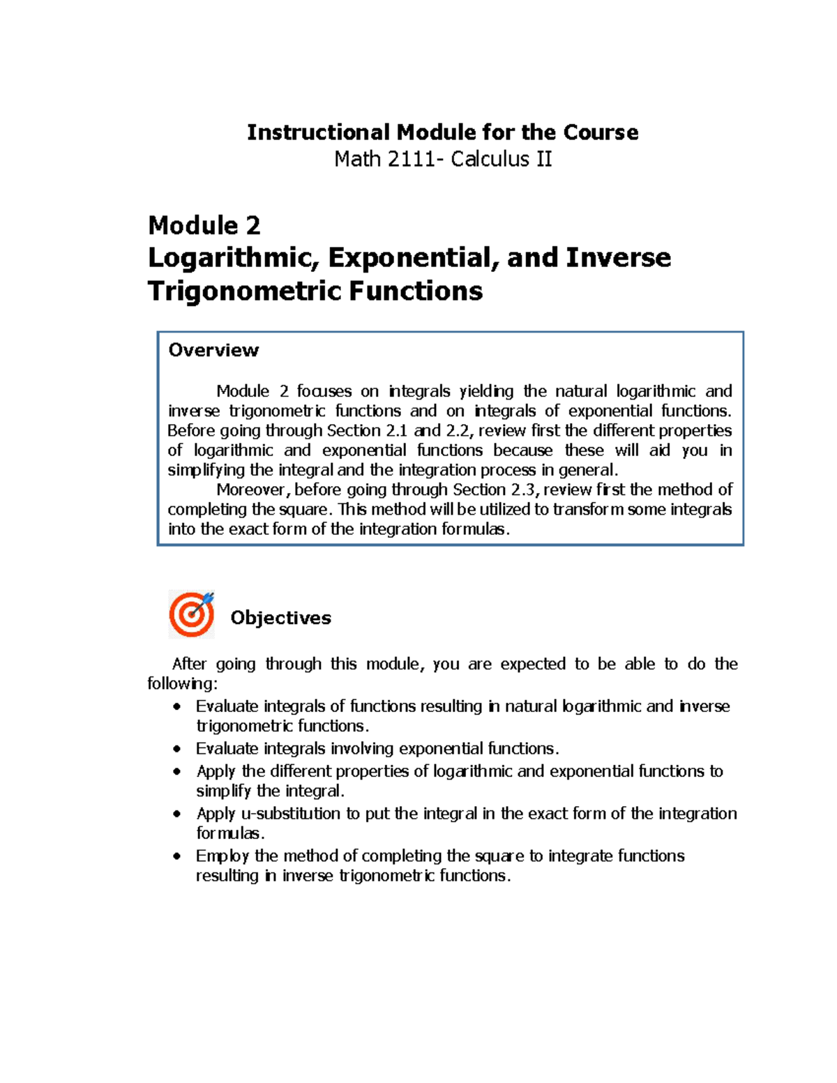 Math Calculus II Module 2: Logarithmic, Exponential & Inverse Trig Functions - Studocu