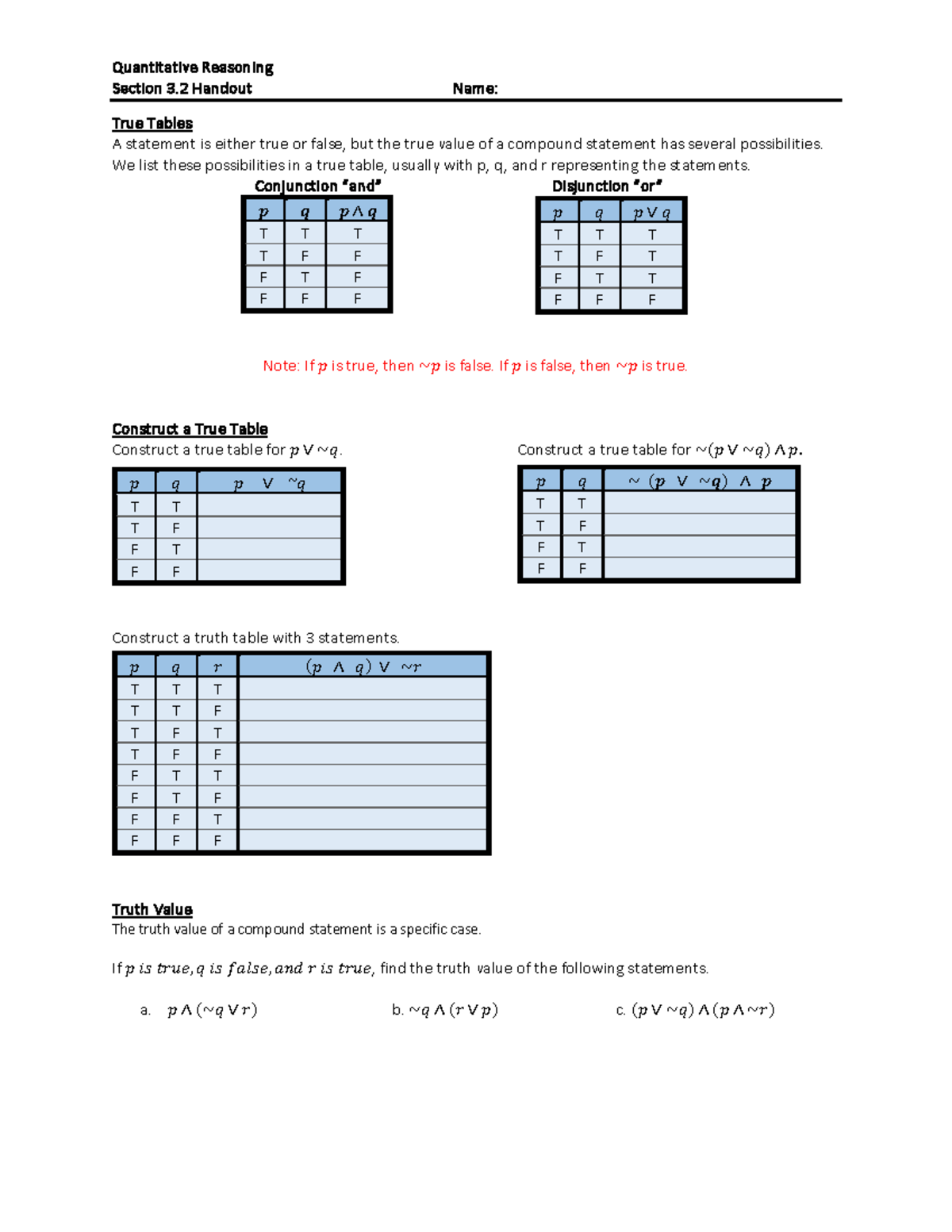 Quantitative Reasoning: Section 3.2 Truth Tables Explained - Studocu