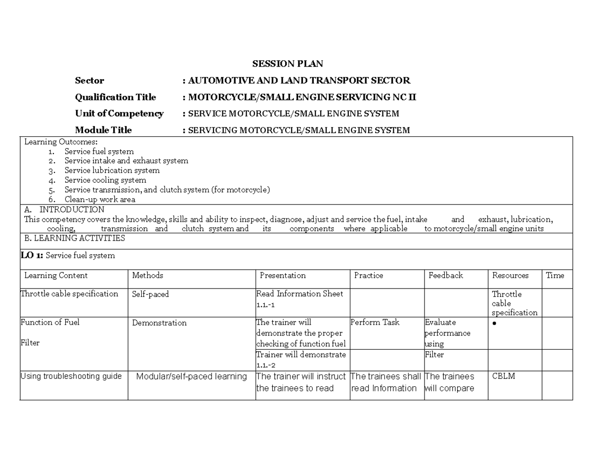 Core Competency Session Plan for Motorcycle/Small Engine Servicing NC ...