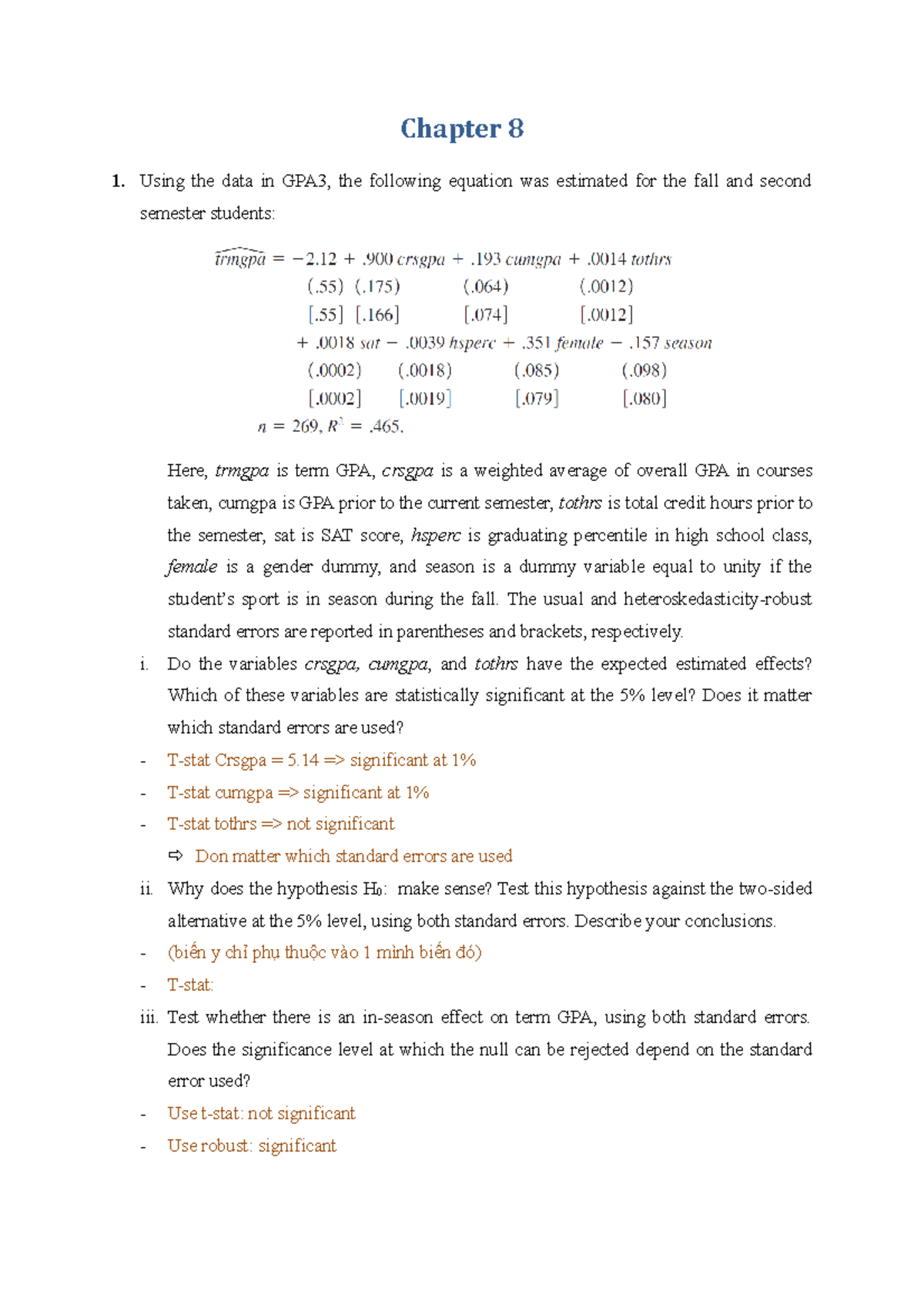Tutorial Chapter 8 - Chapter 8 Using the data in GPA3, the following ...