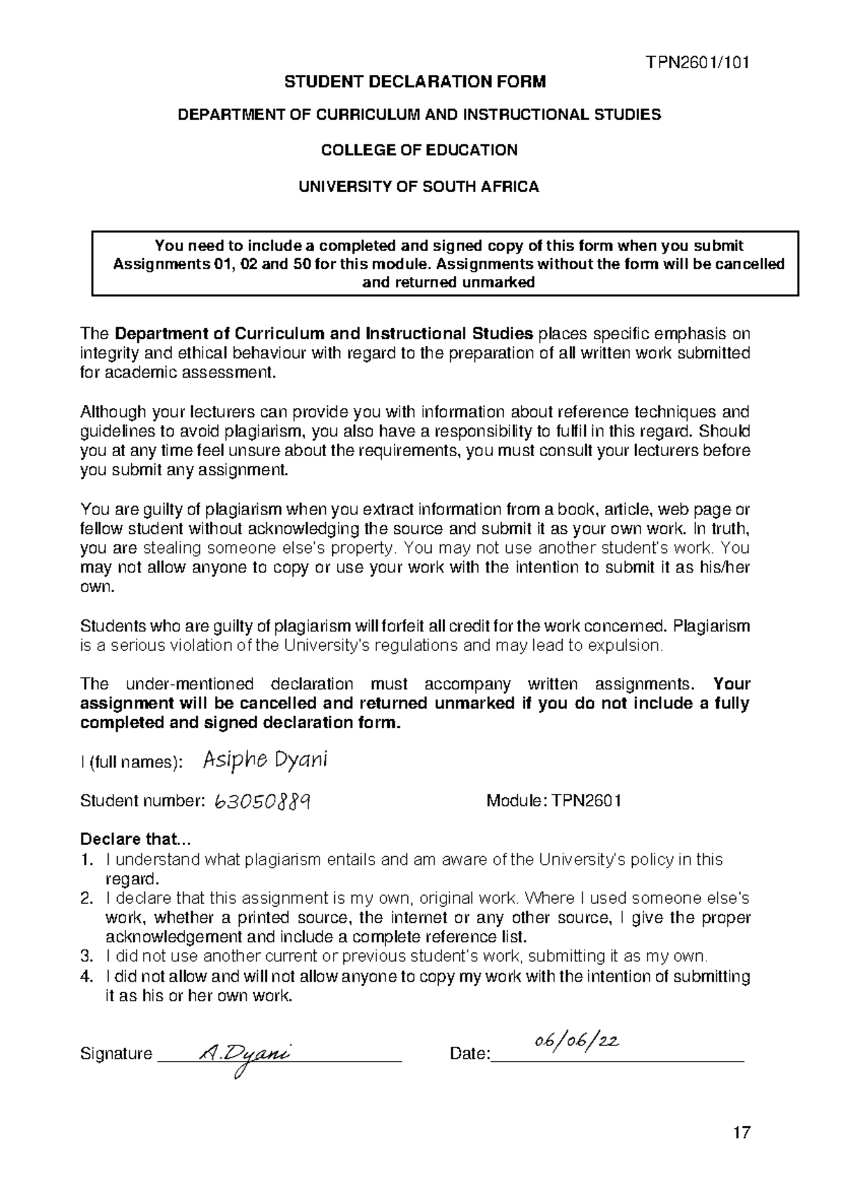 TPN2601 Assignment 2 - STUDENT DECLARATION FORM DEPARTMENT OF CURRICULUM AND INSTRUCTIONAL ...