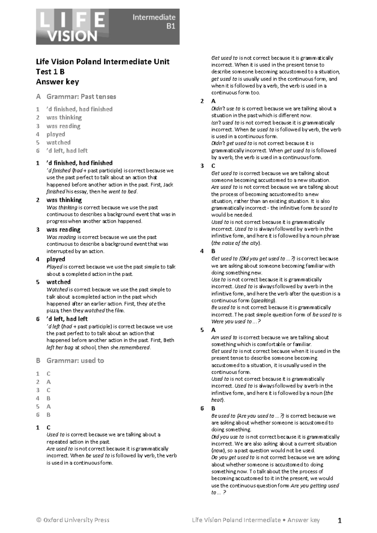 Life Vision Poland Intermediate Unit Test 1B Answer Key: Grammar ...