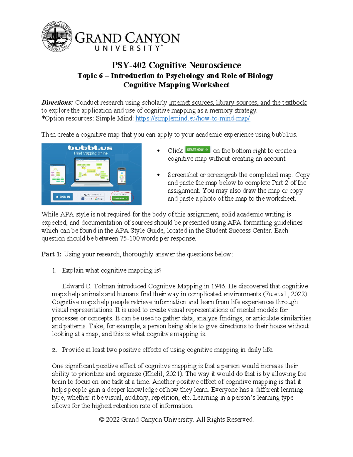 PSY 402 RS Cognitive Mapping Worksheet and Application Guide - Studocu