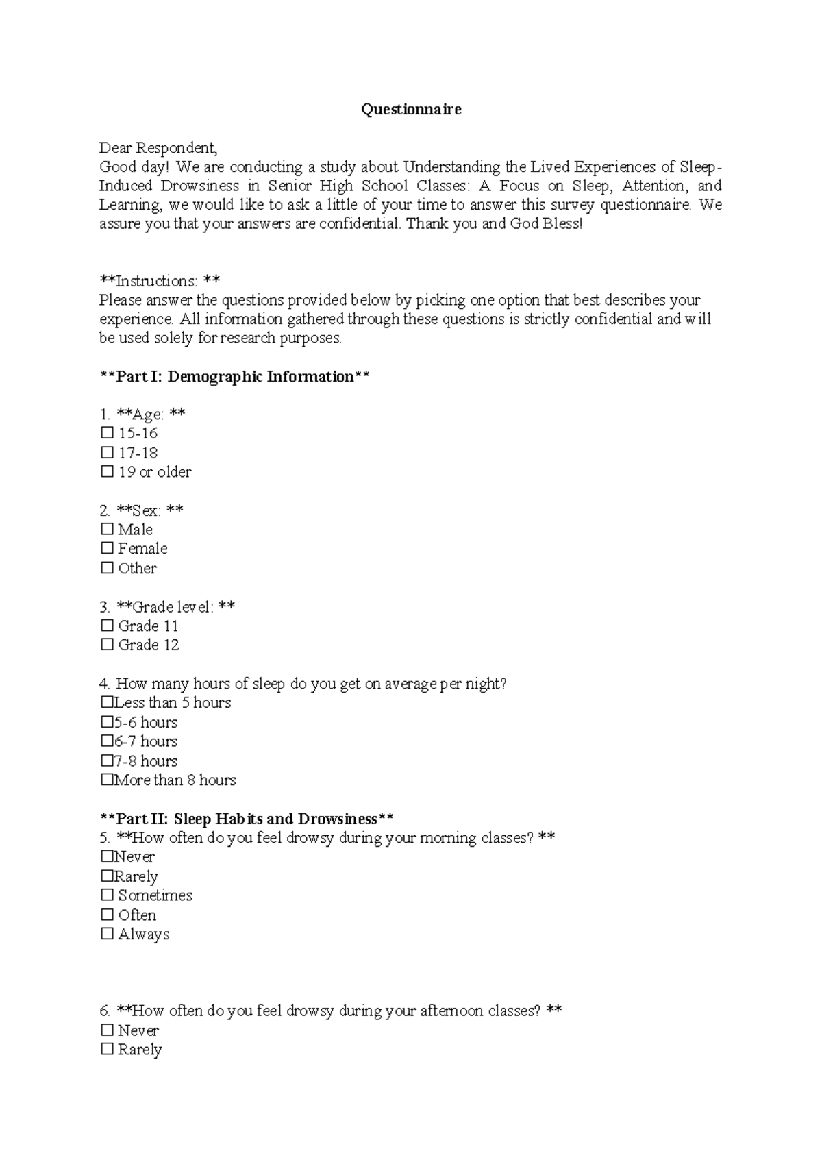 Survey Questionnaire: Understanding Sleep-Induced Drowsiness in SHS ...