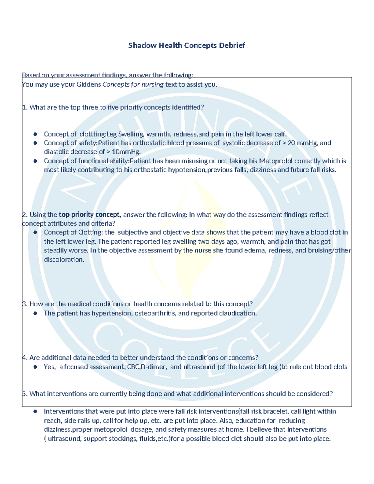 NURS 101: Key Concepts in Shadow Health Debrief & Patient Assessment ...