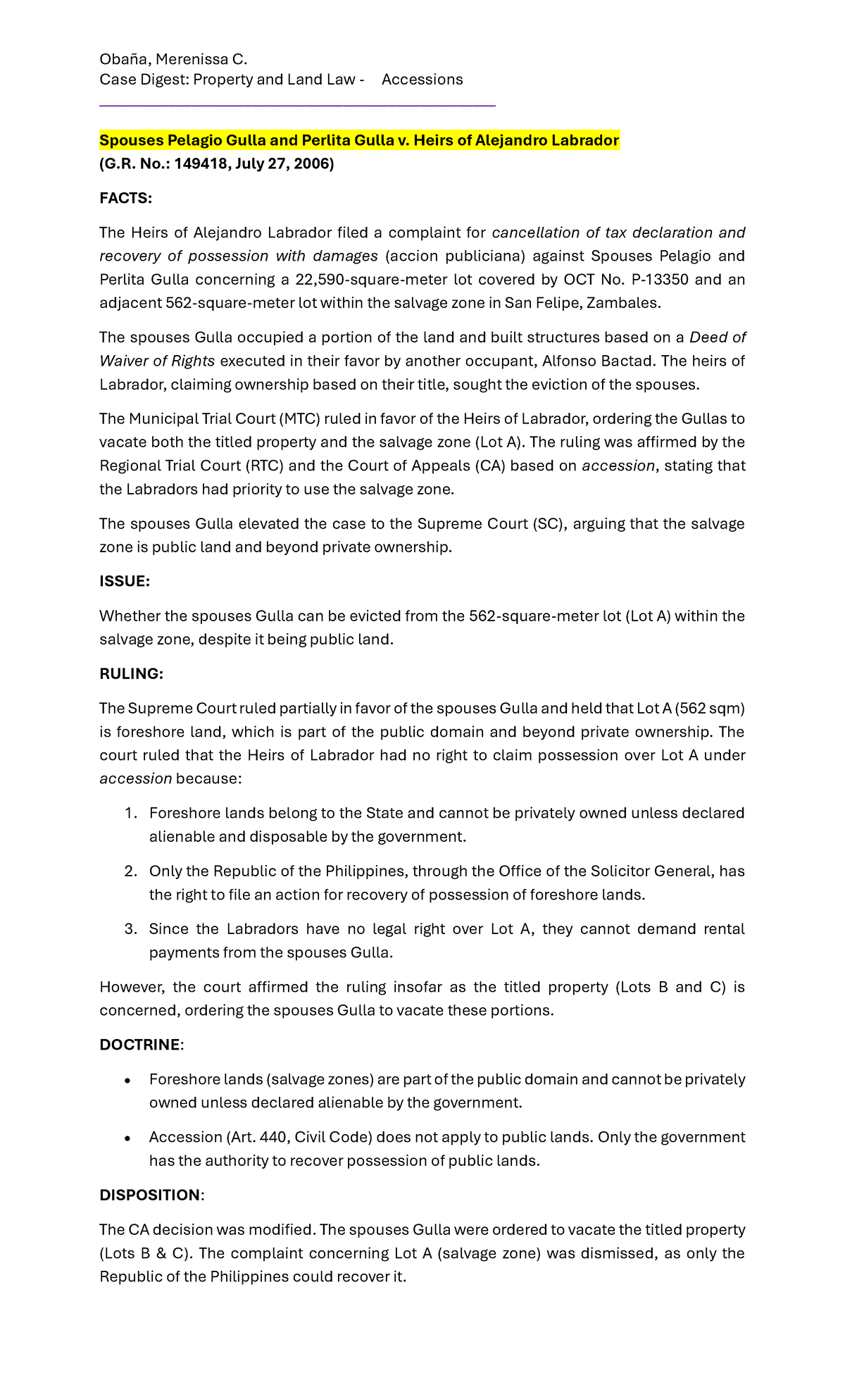 Property Law - Accession Case Digests (G Nos. 149418, 193517, 152423 ...