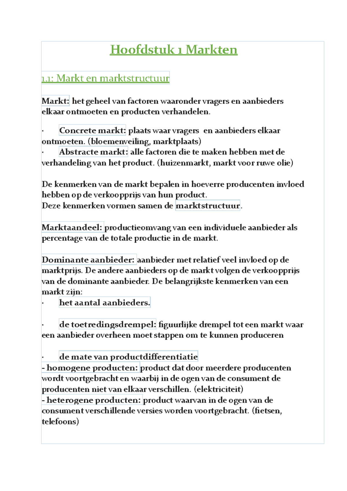Hoofdstuk 1: Marktstructuur en Marktvormen in Economie - Studeersnel
