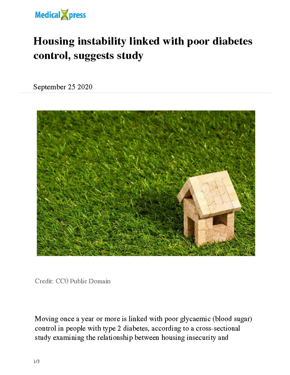 2020 09 EASD Study: Housing Instability & Diabetes Control - Studocu