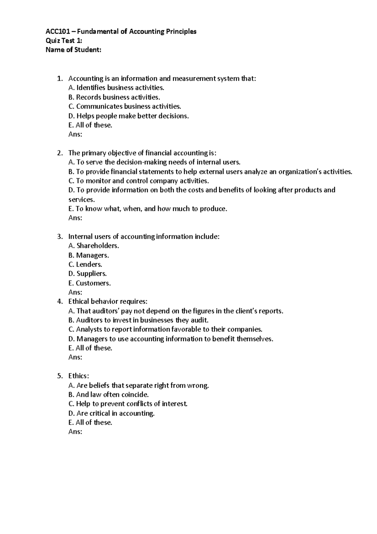 ACC101 - Quiz Test 1: Fundamentals of Accounting Principles - Studocu