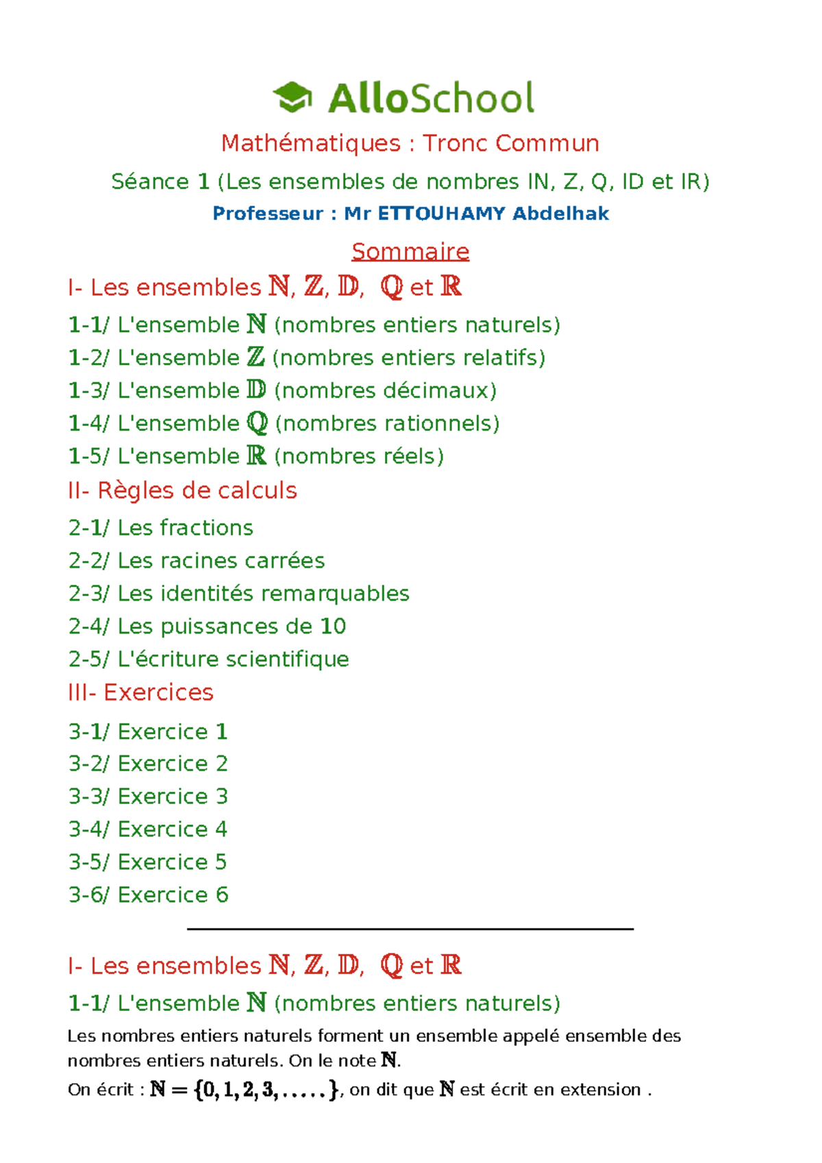 Mathématiques : Tronc Commun Séance 1 - Ensembles de Nombres IN, Z, Q ...