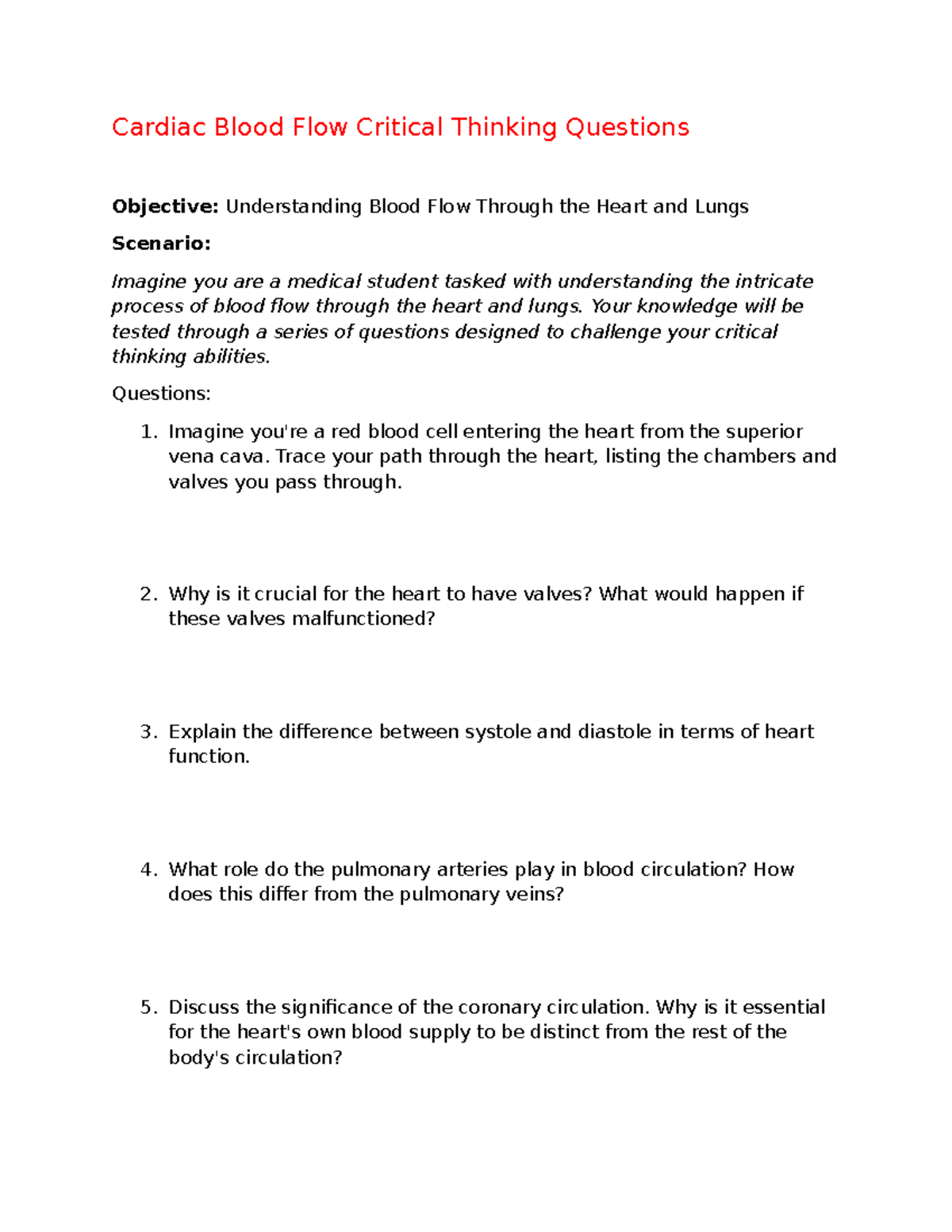 Critical Thinking Qs on Cardiac Blood Flow (Med 202) - Studocu