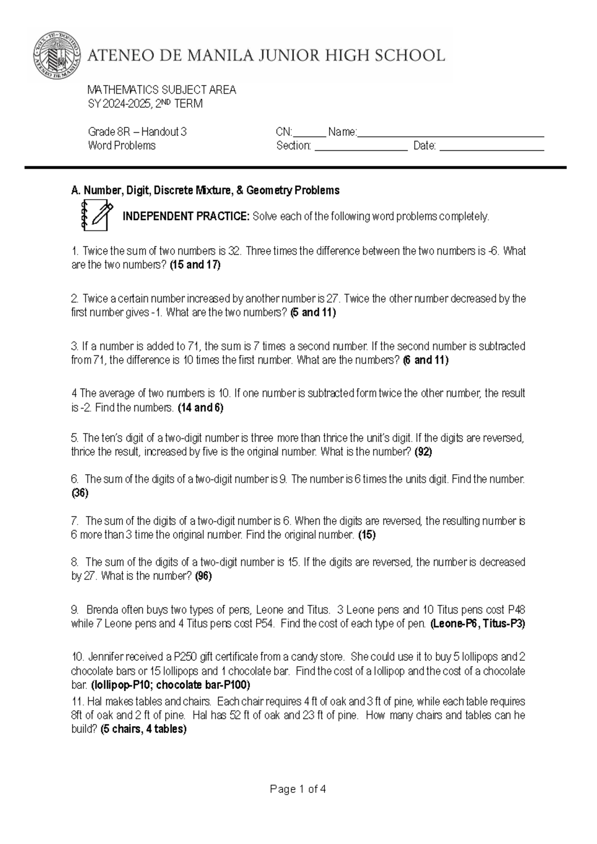 Grade 8R Math Handout 3: Word Problems & Solutions - Studocu