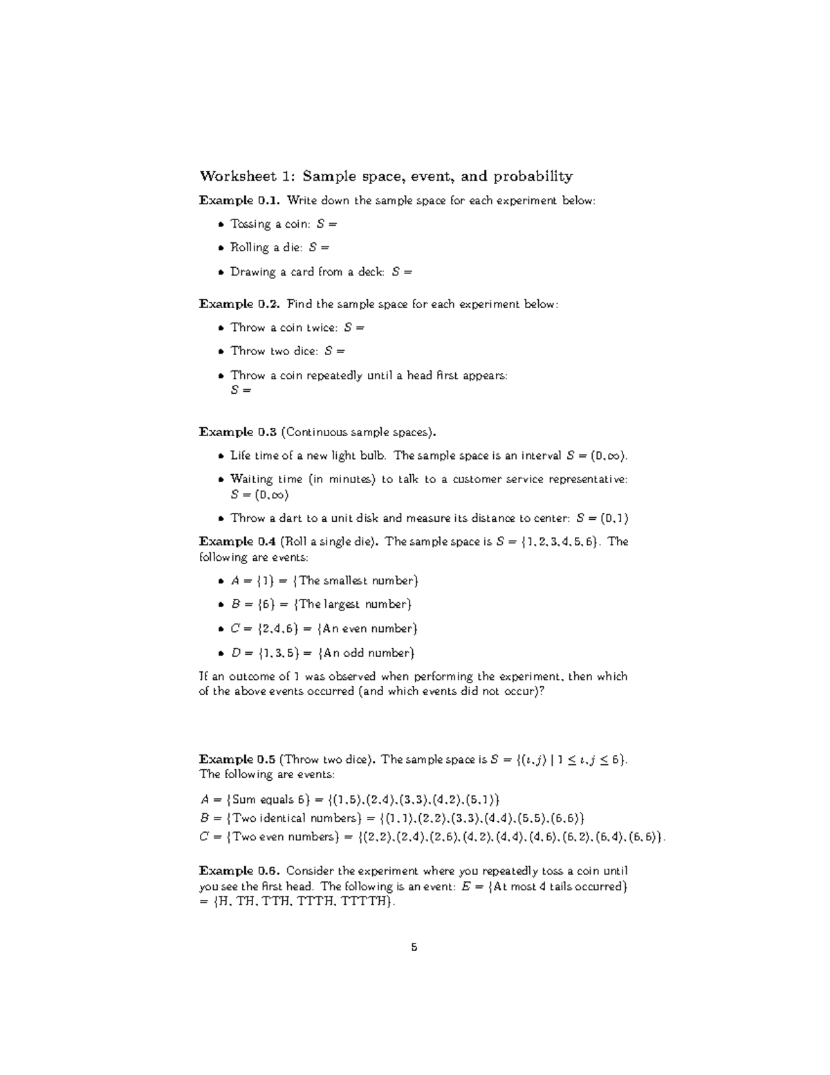 Worksheet probability 1 - Worksheet 1: Sample space, event, and ...
