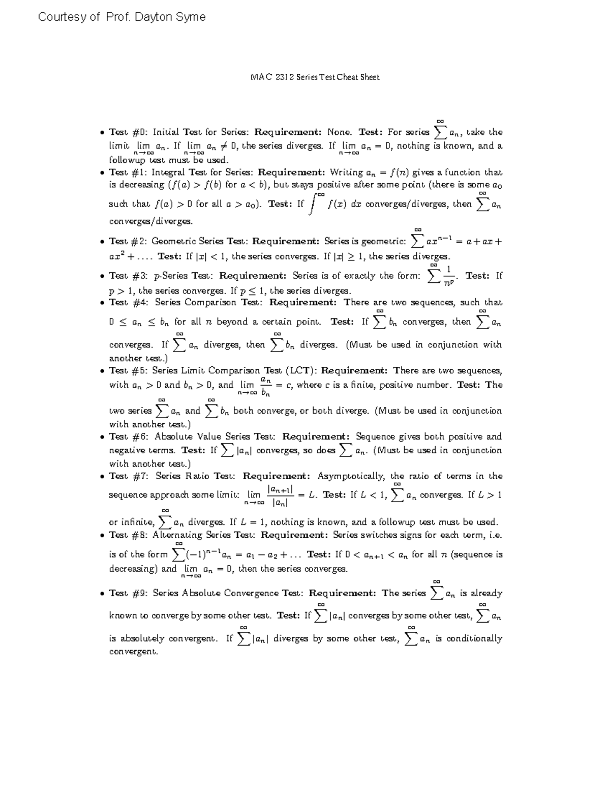 MAC 2312 Series Test Cheat Sheet: Essential Convergence Tests Summary ...