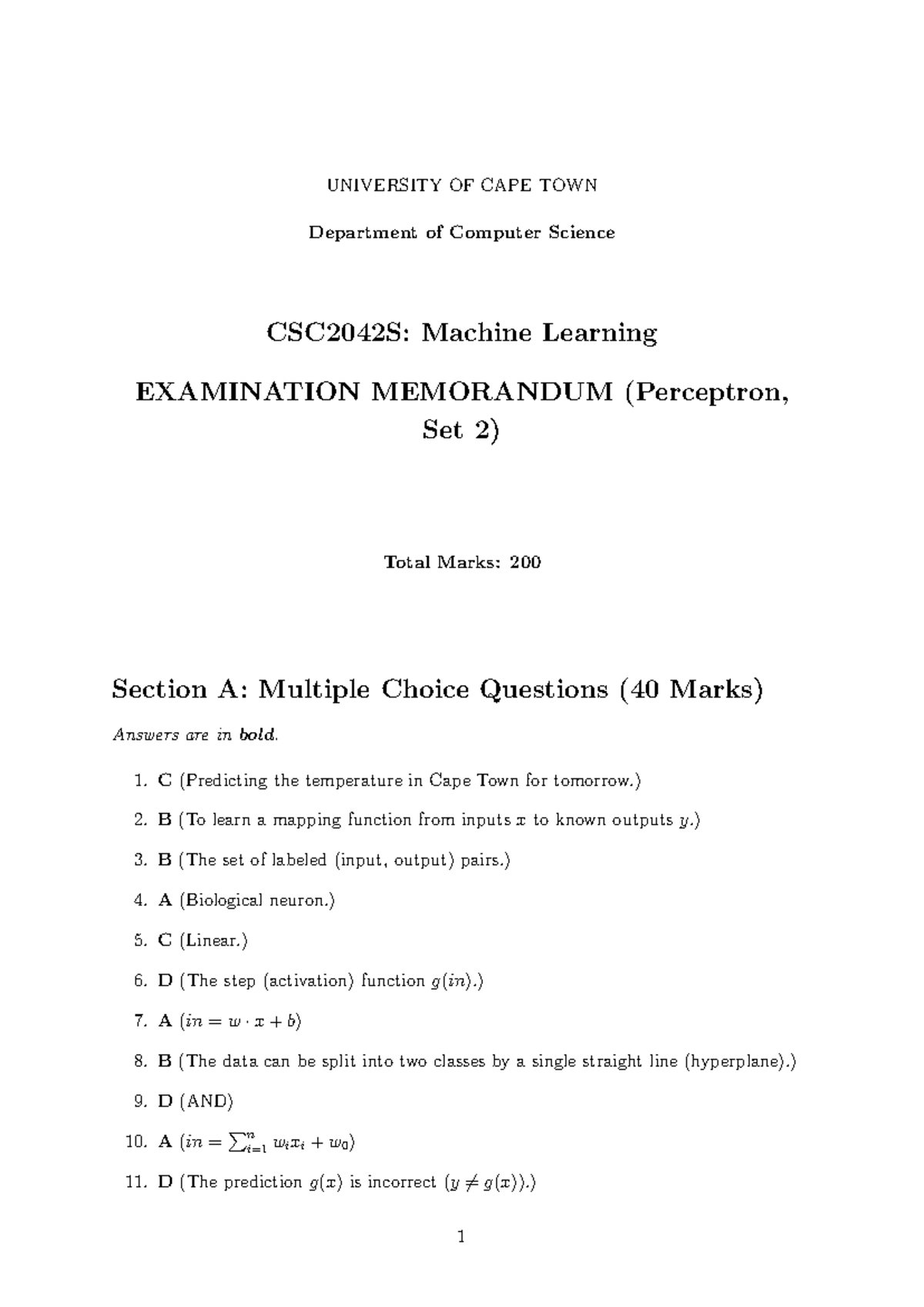 Perceptron Practice Exam Memo for CSC2042S: Machine Learning - Studocu