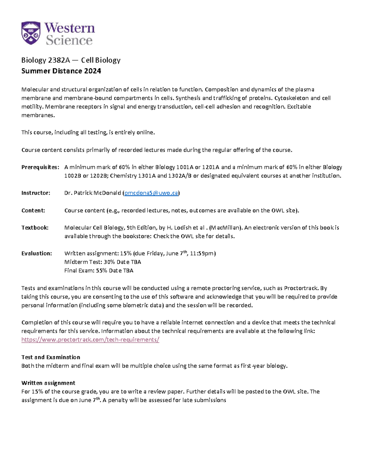 Bio 2382A Course Outline: Cell Biology Summer 2024 - Studocu